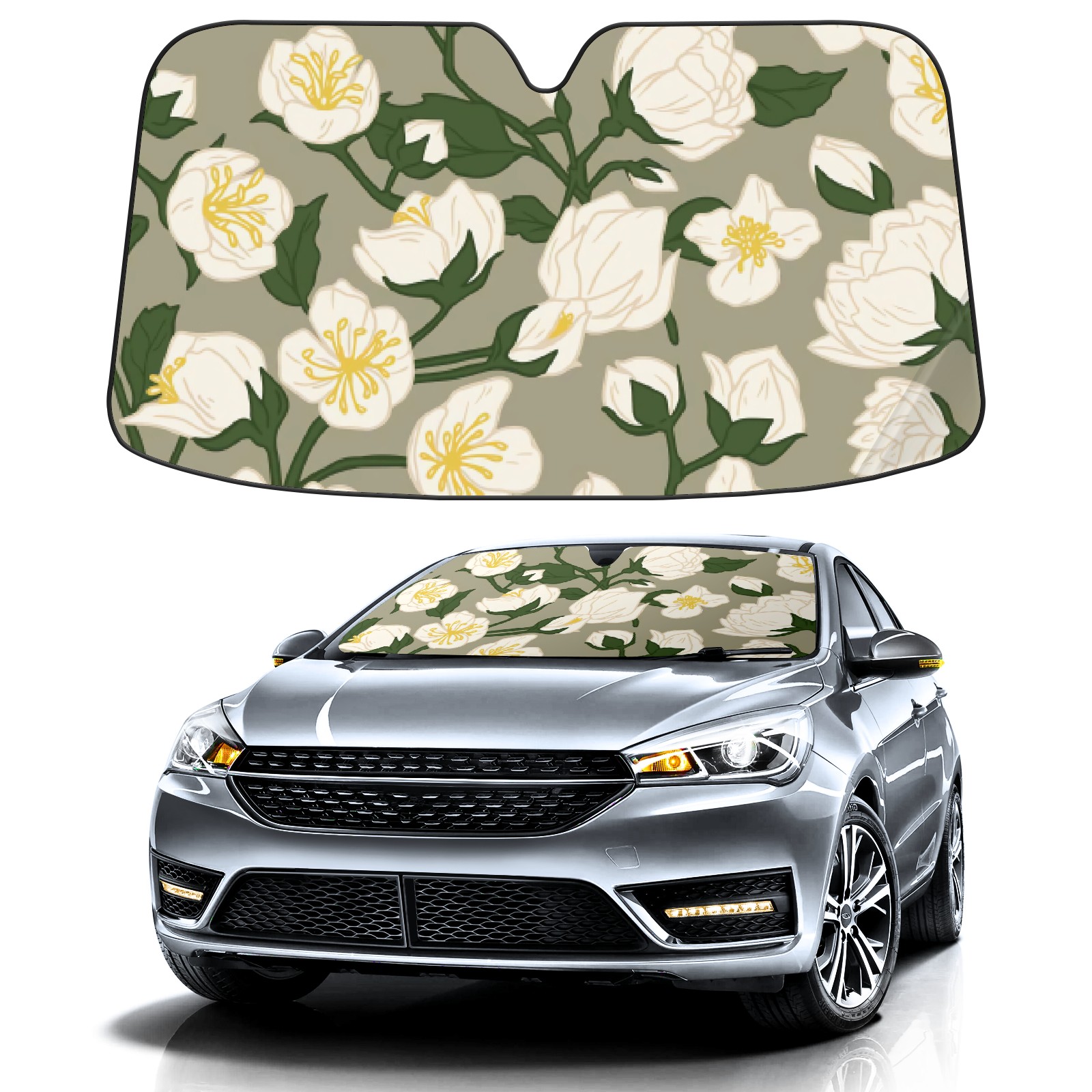 Car Windshield Sun Shade For Front Window Grey With White Flowers ...