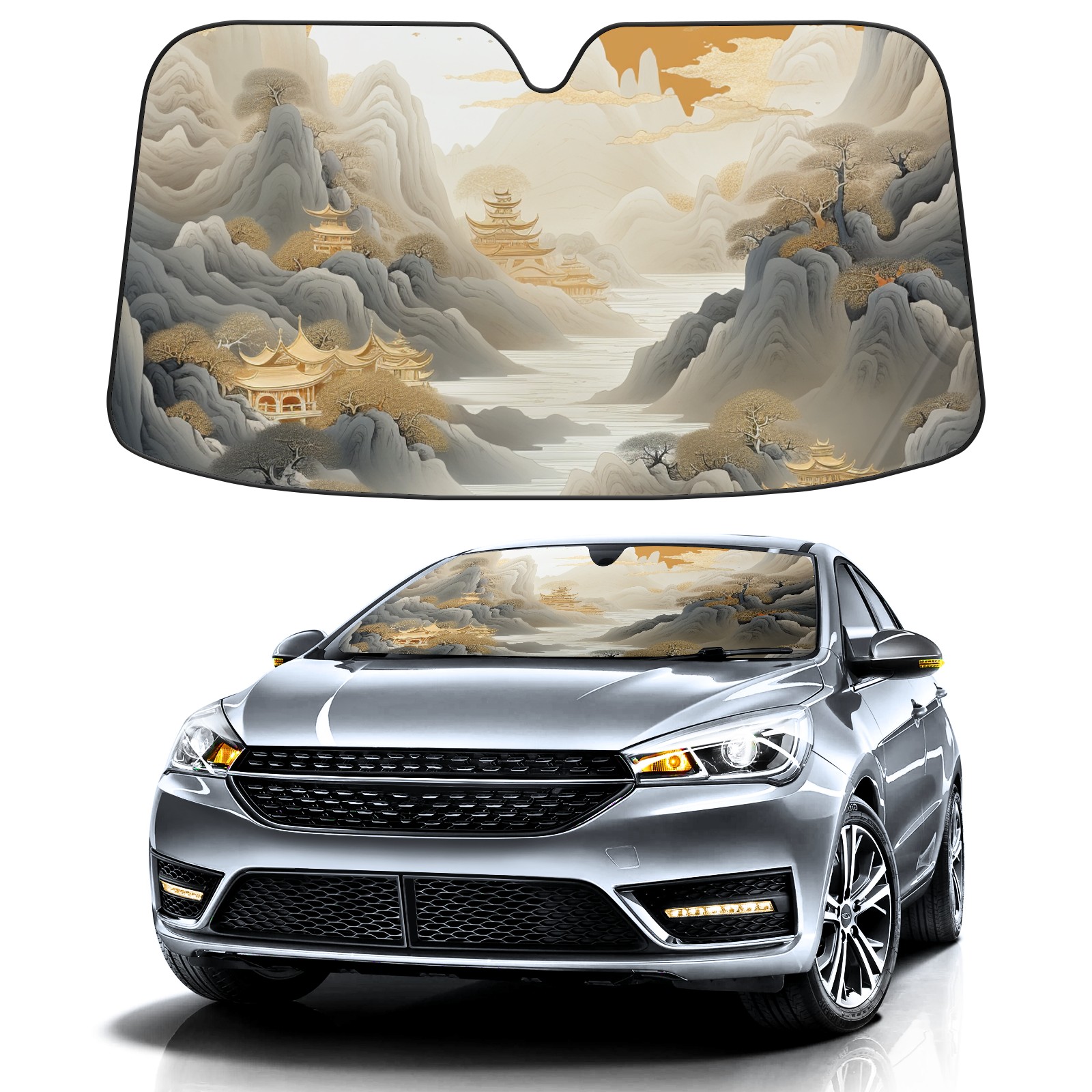 Car Windshield Sun Shade For Front Window Landscape 3 Foldable Vehicle ...