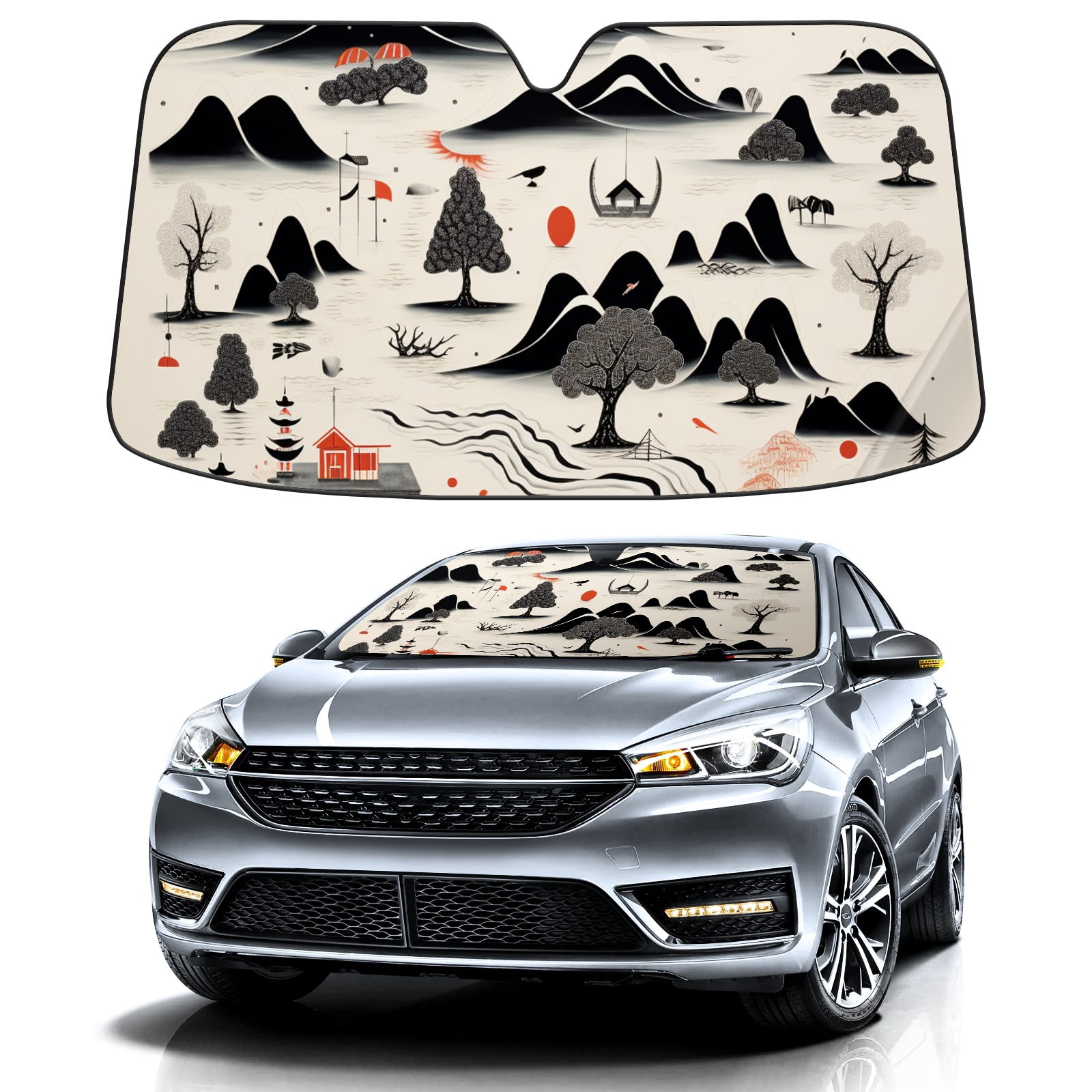 Car Windshield Sun Shade For Front Window Mountains And Sea 3 Foldable ...