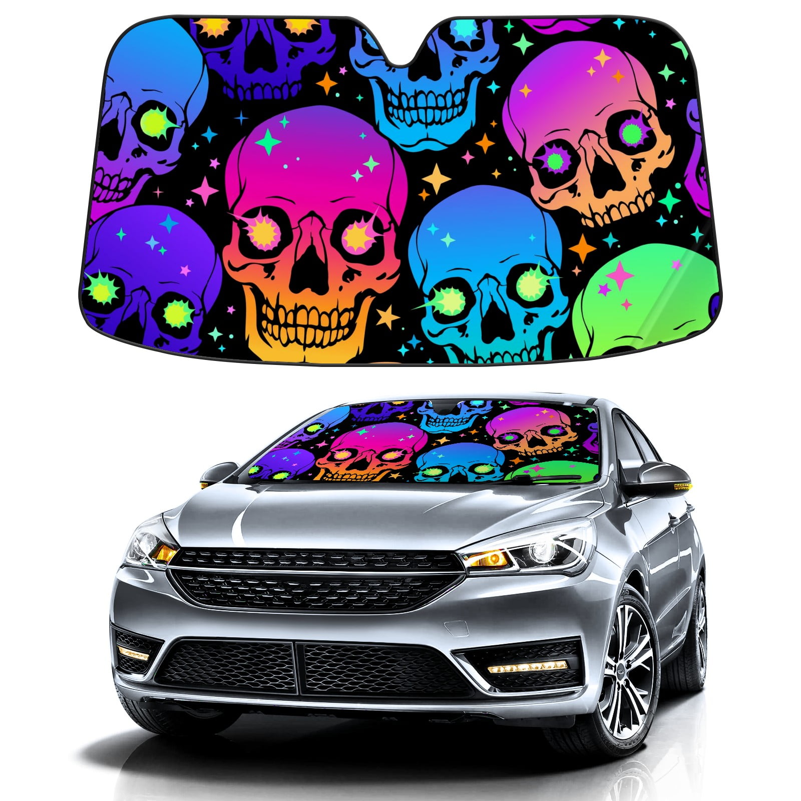 Car Windshield Sun Shade For Front Window Neon Bright Human Skulls ...