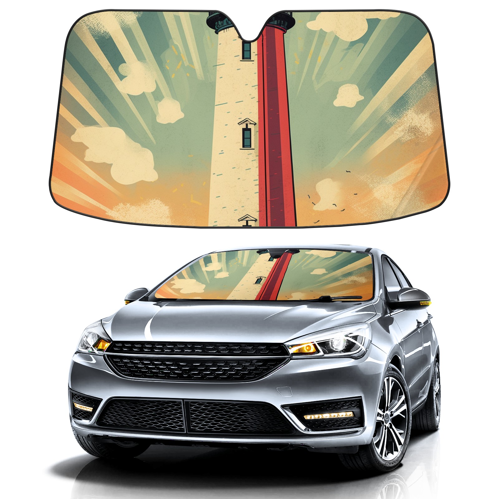 Car Windshield Sun Shade For Front Window Retro Lighthouse Foldable ...