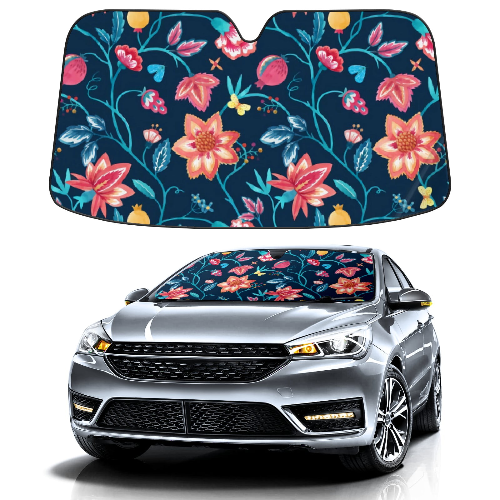 Car Windshield Sun Shade For Front Window Retro Petals With A Deep Blue ...