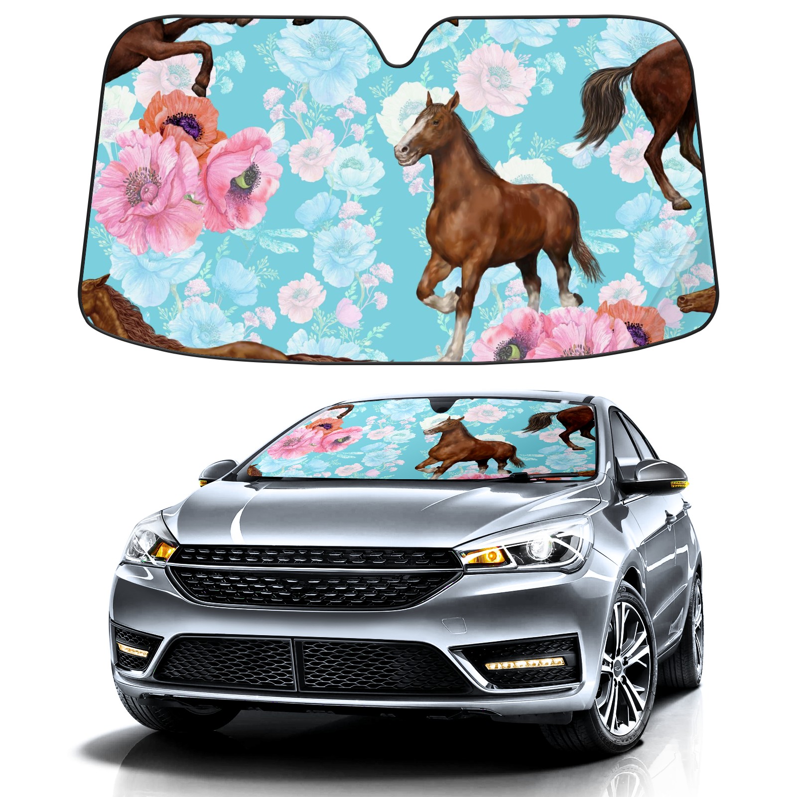 Car Windshield Sun Shade For Front Window Running Horse And Flowers ...