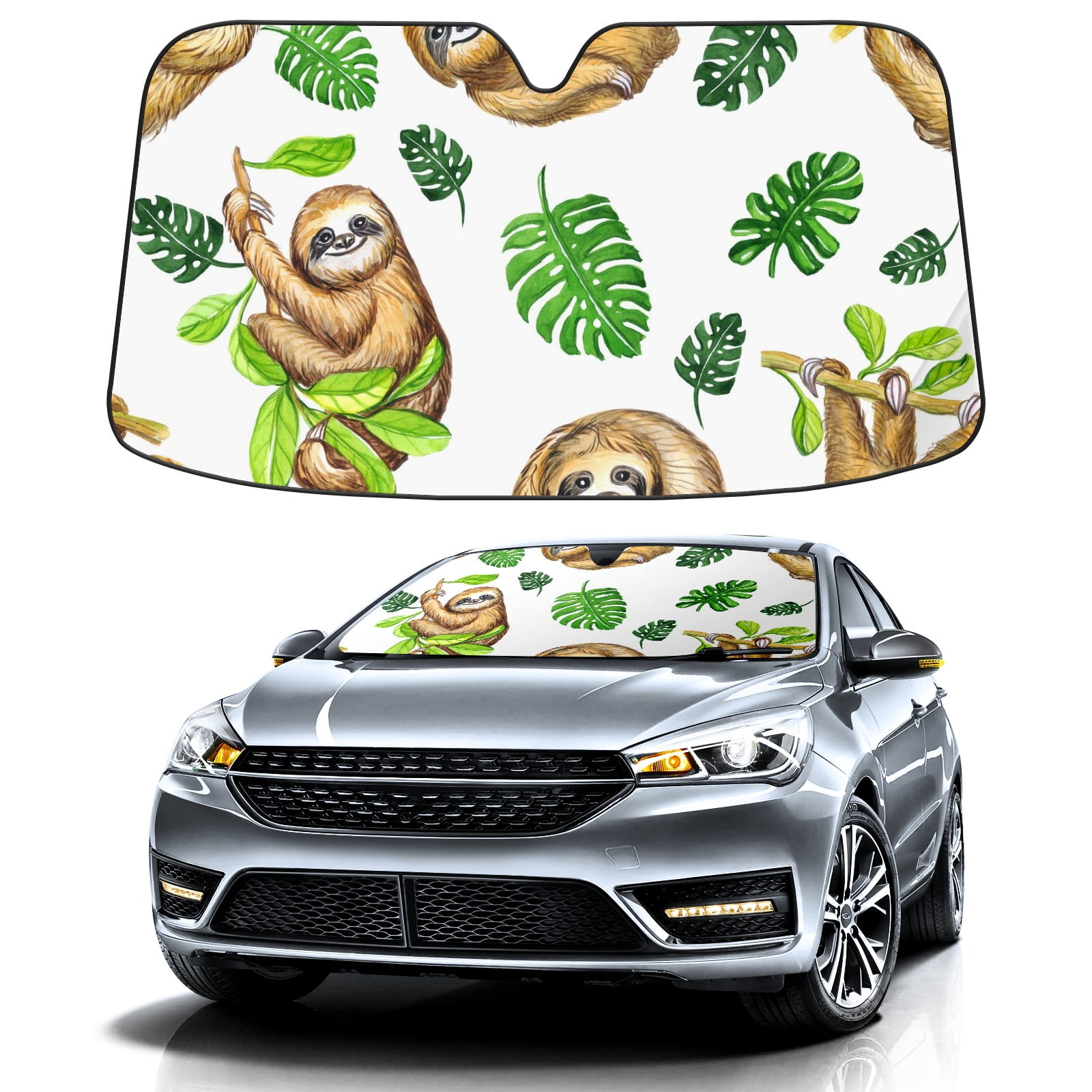 Car Windshield Sun Shade For Front Window Sloth Tropic Monstera Leaves ...