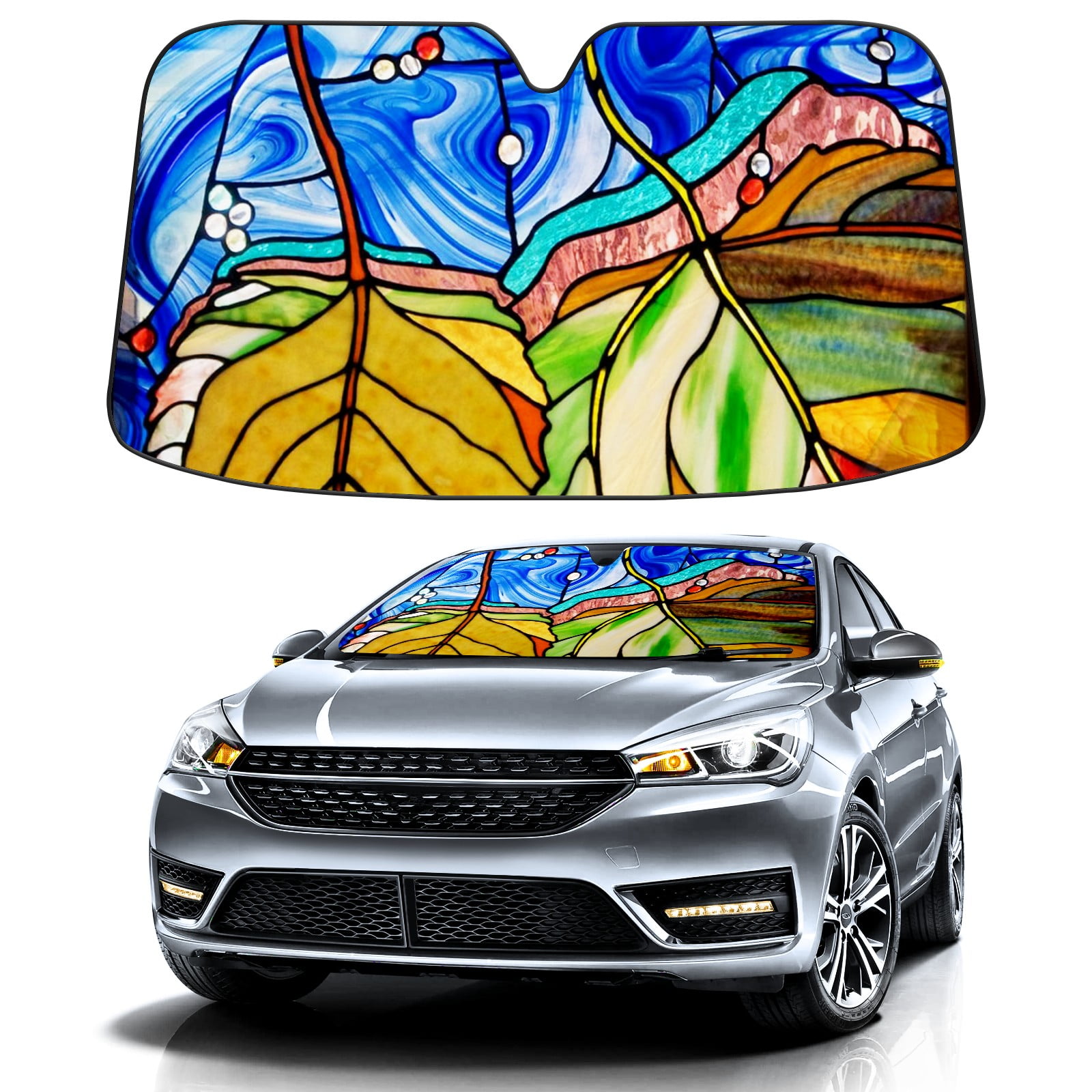 Car Windshield Sun Shade For Front Window Stained Glass Leaf Foldable ...