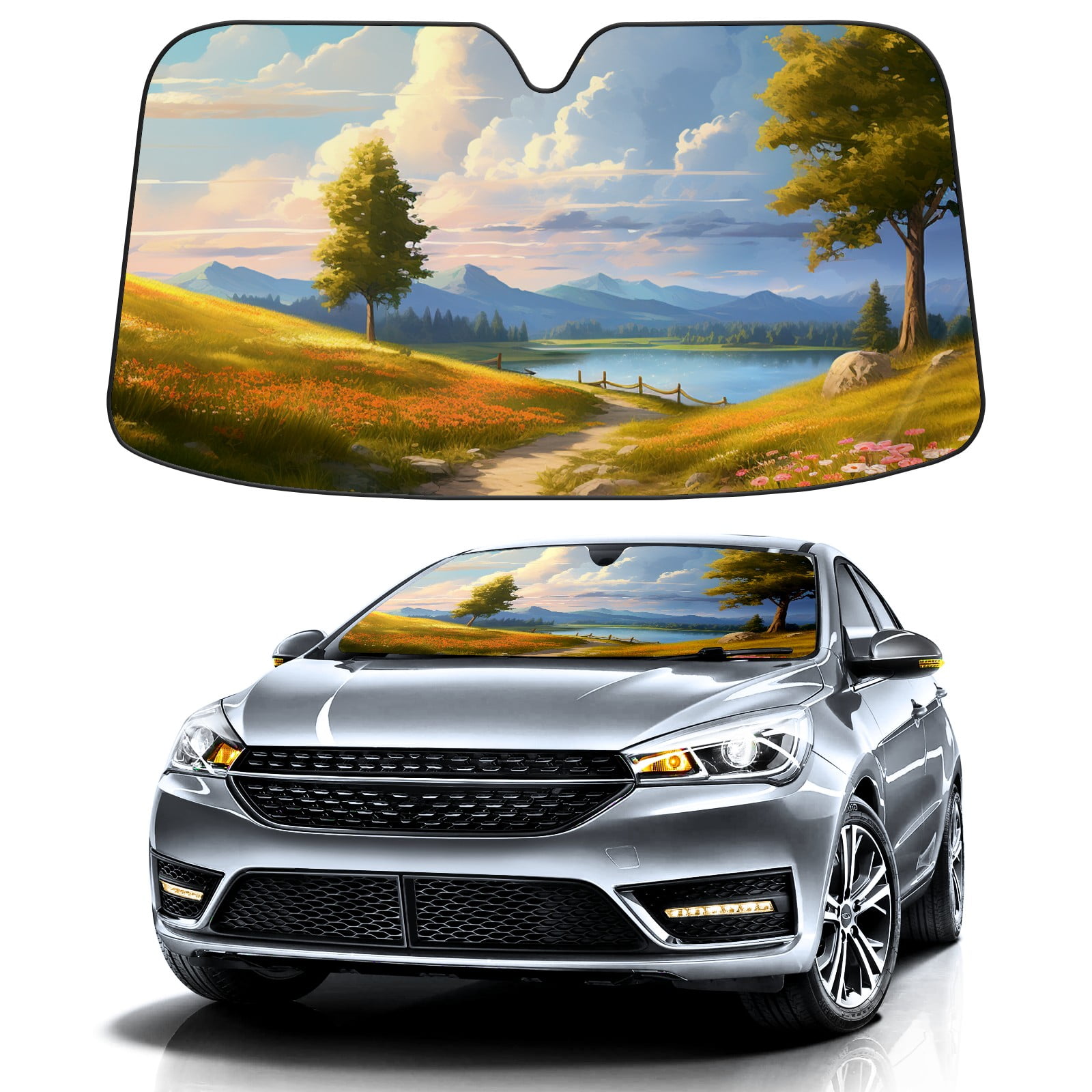 Car Windshield Sun Shade For Front Window Summer Landscape 2 Foldable ...