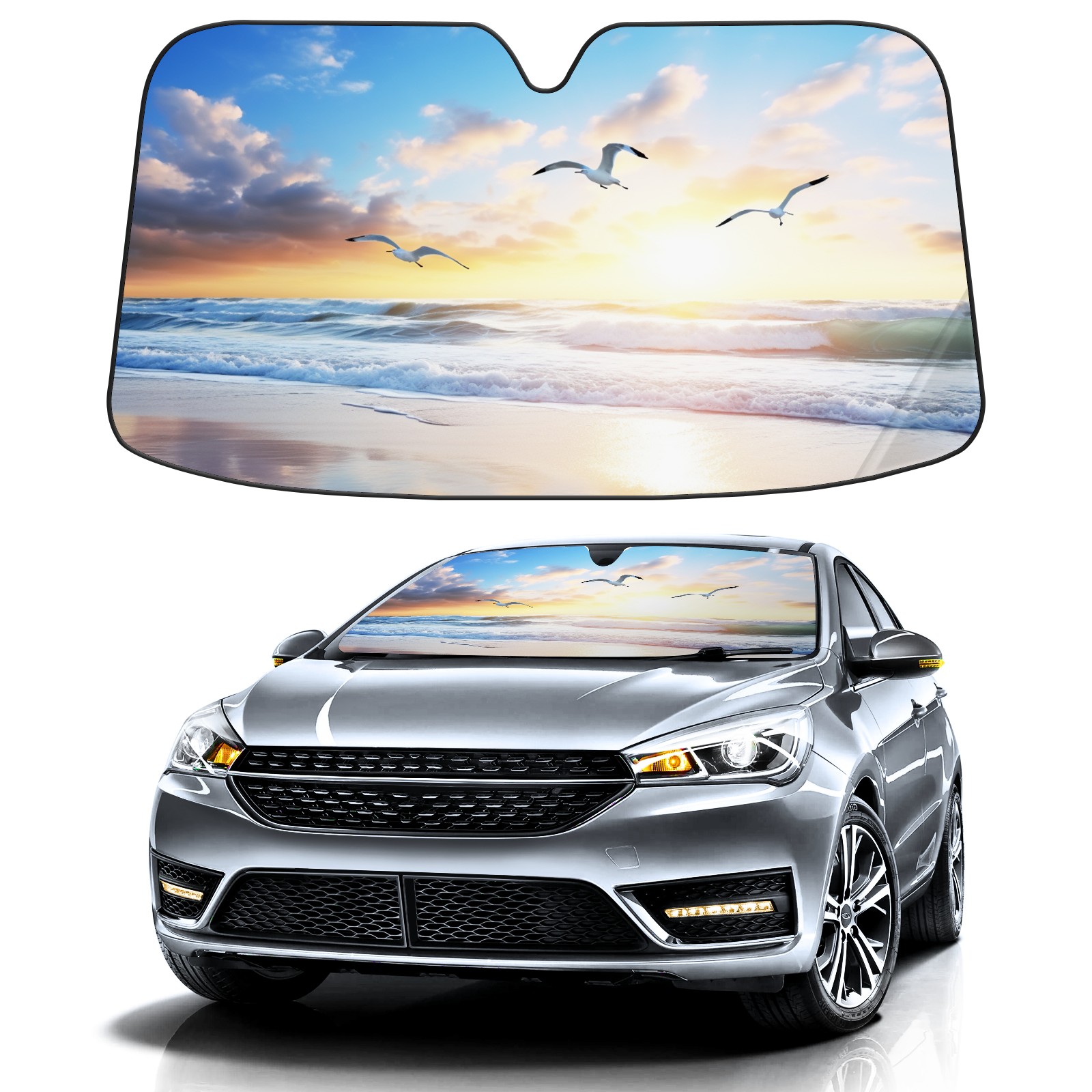 Car Windshield Sun Shade For Front Window Sunrise Ocean Foldable ...
