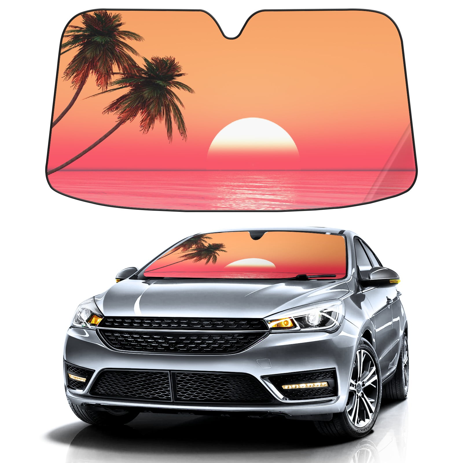 Car Windshield Sun Shade For Front Window Sunrise Sea Palm Trees ...