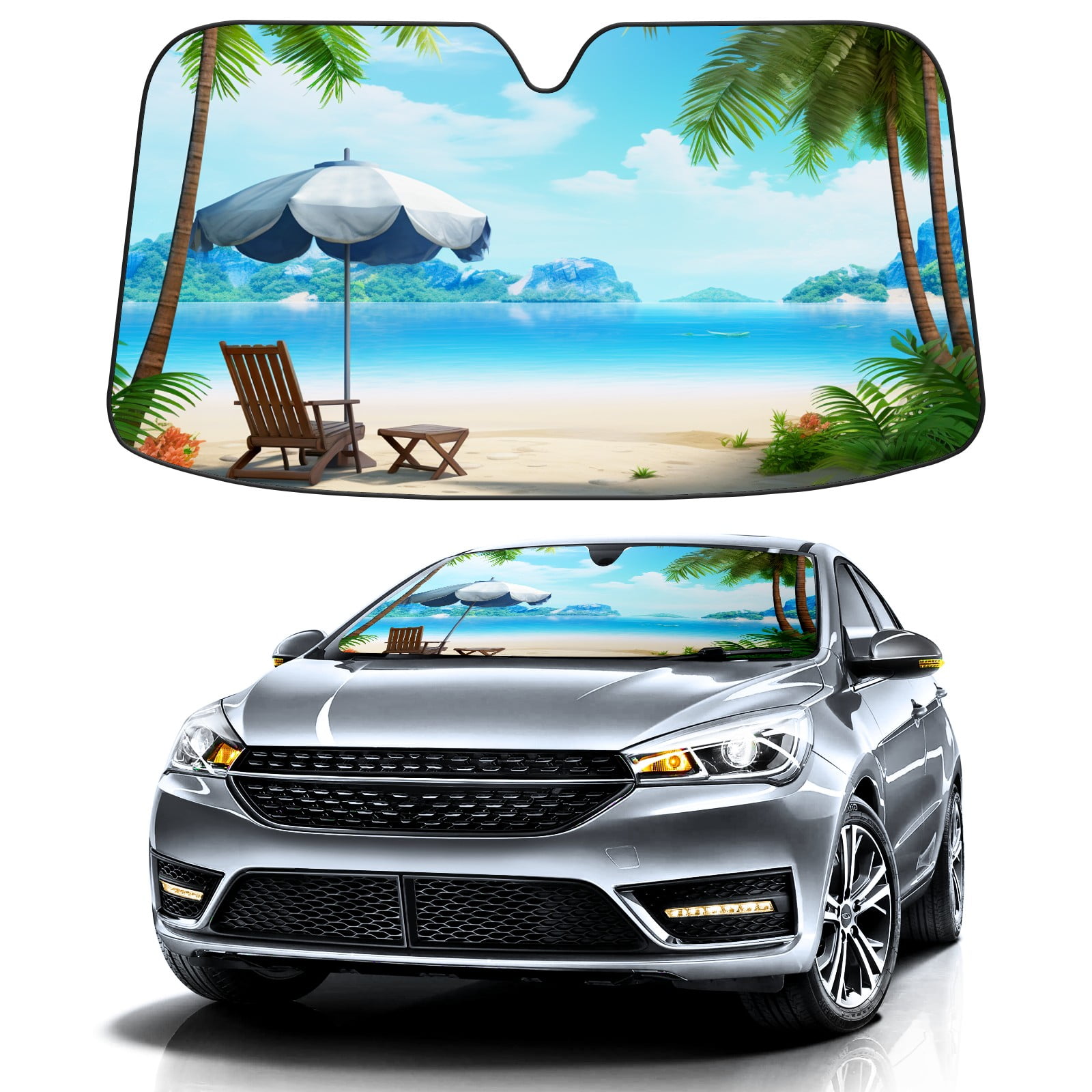 Car Windshield Sun Shade For Front Window Tropical Beach Foldable ...