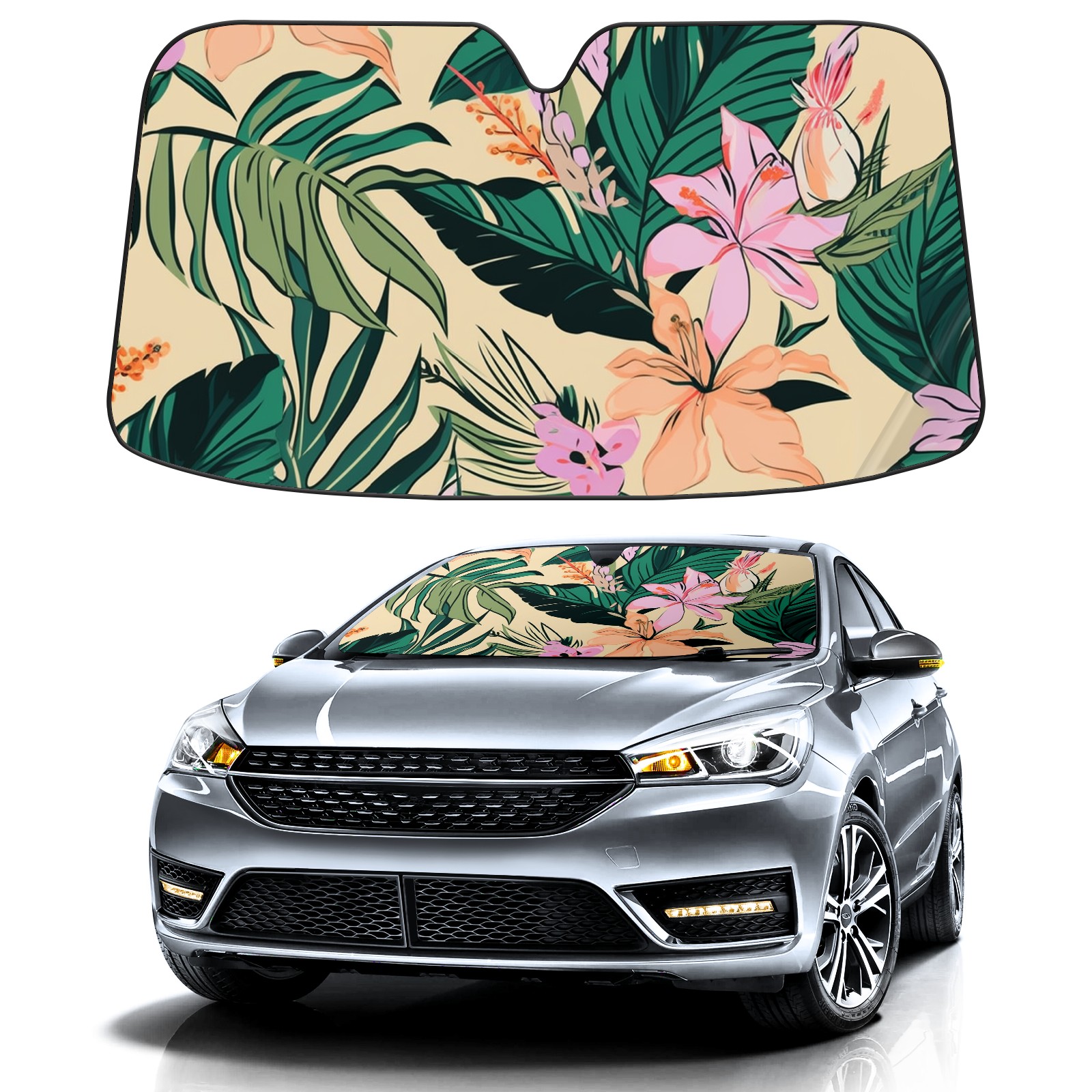 Car Windshield Sun Shade For Front Window Vibrant Flowers And Birds (2 ...