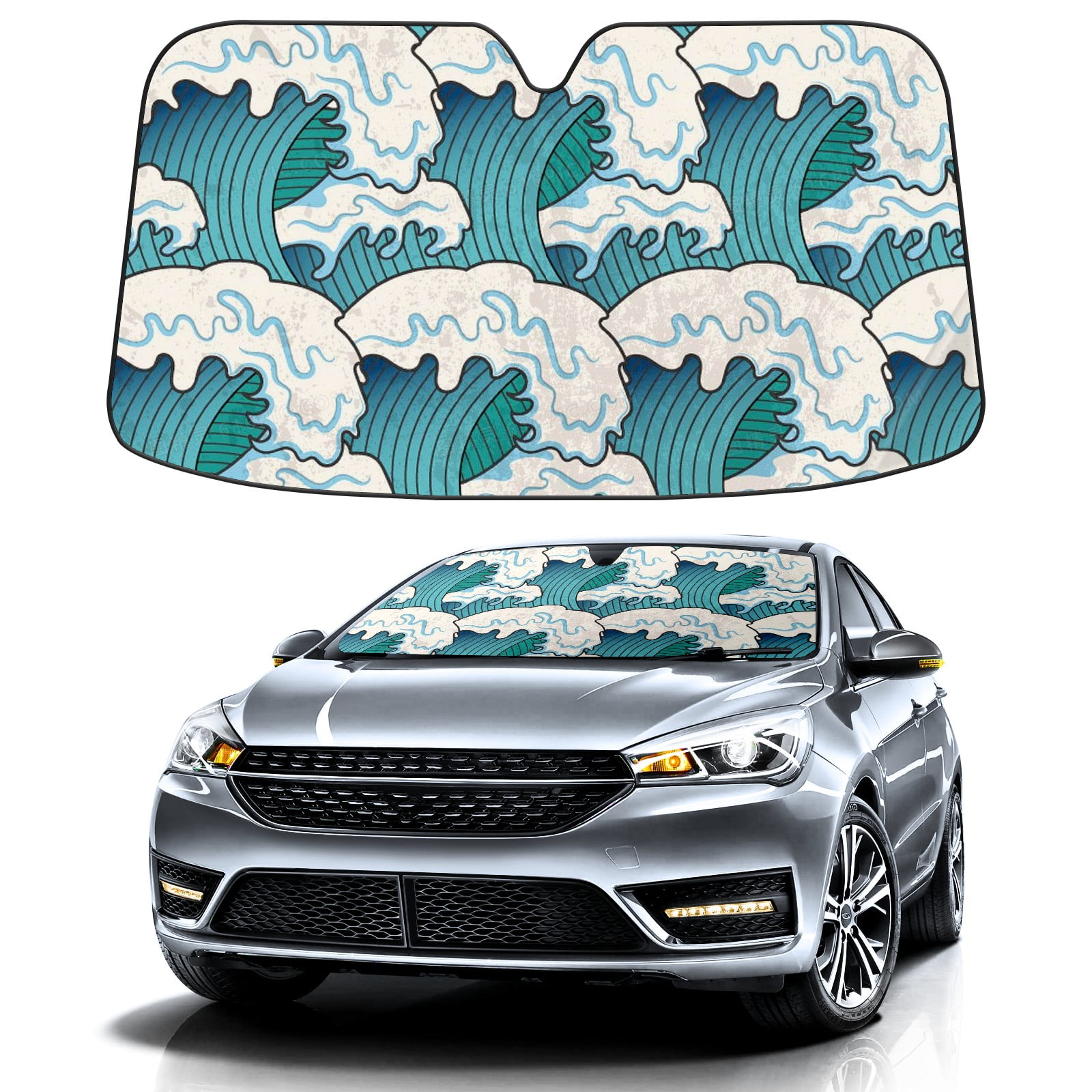 Car Windshield Sun Shade For Front Window Wave Print Foldable Vehicle ...