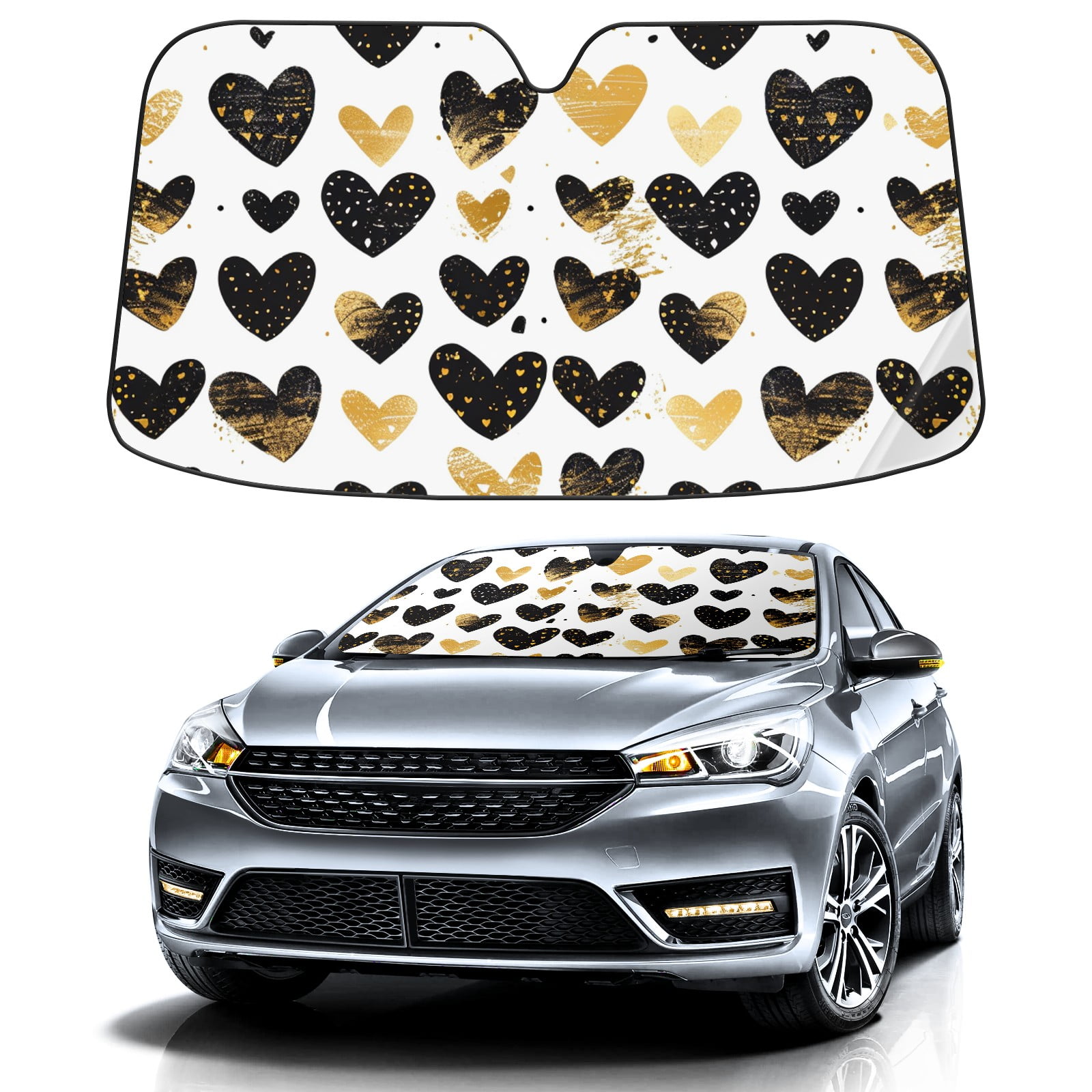 Car Windshield Sun Shade For Front Window White Gold Hearts (3 ...