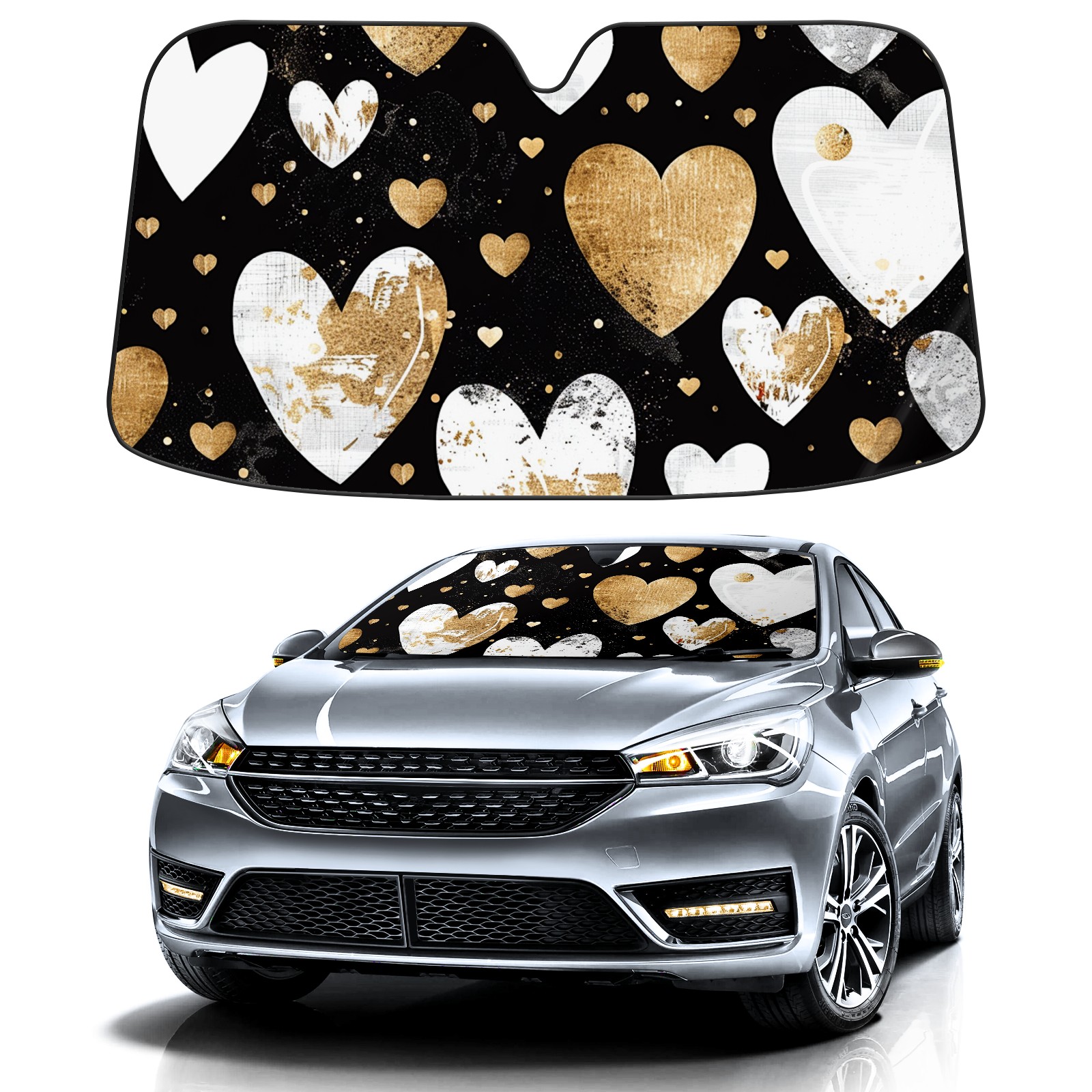 Car Windshield Sun Shade For Front Window White Gold Hearts (4 ...
