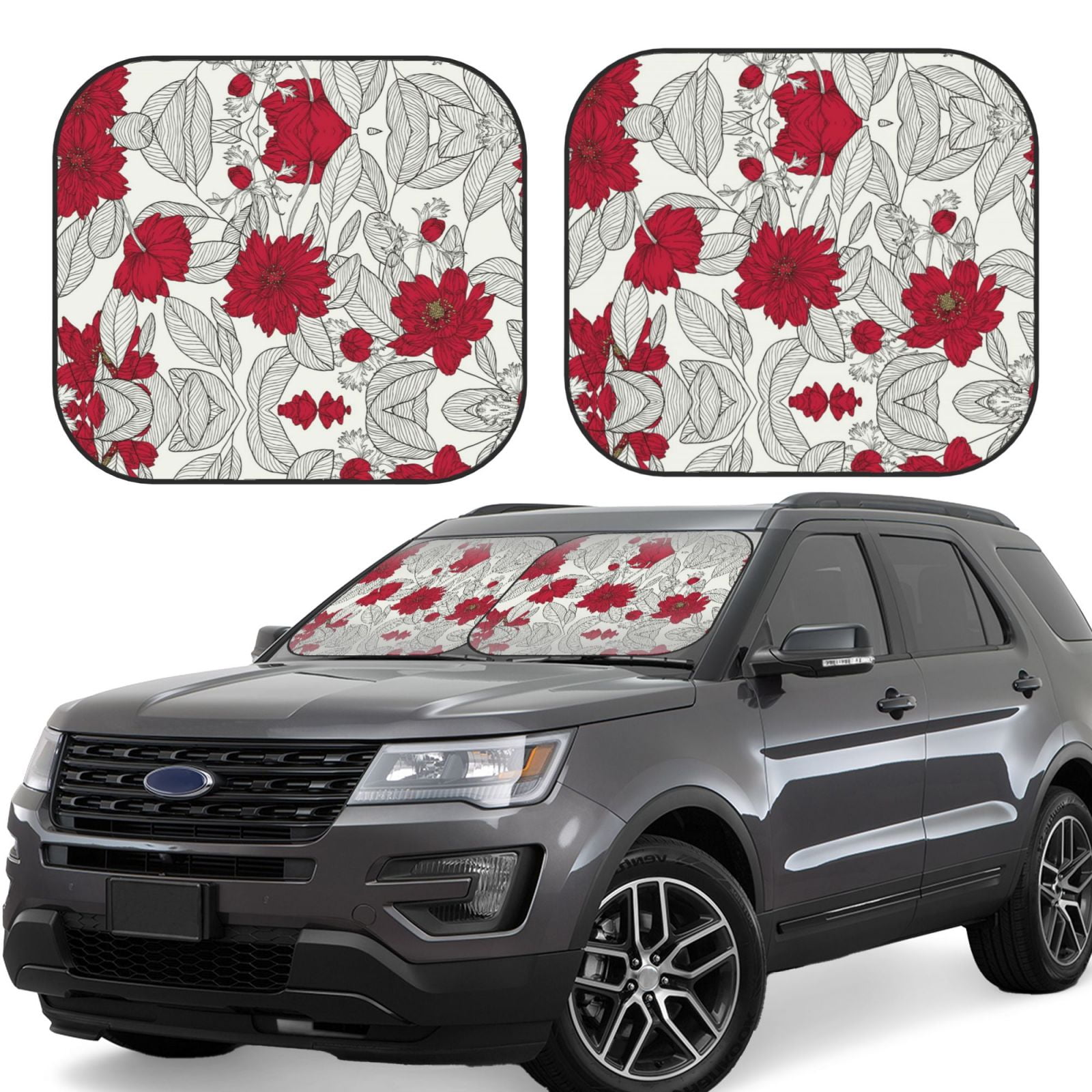 Car Windshield Sun Shade - Leaves And Anemone Flowers In Red Grey ...