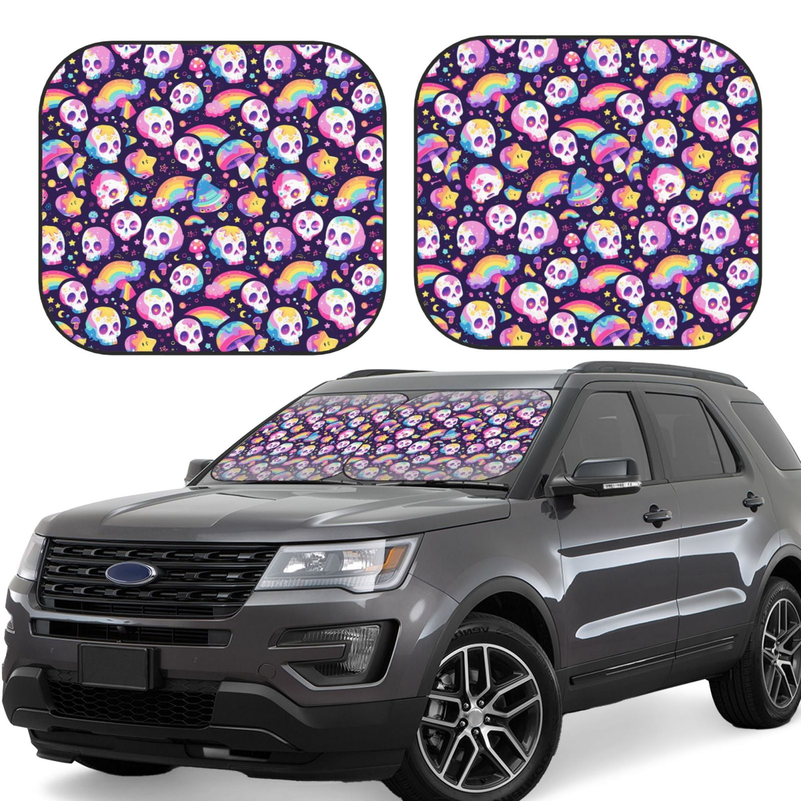 Car Windshield Sun Shade - Skull colorful mushroom rainbow Foldable Car ...