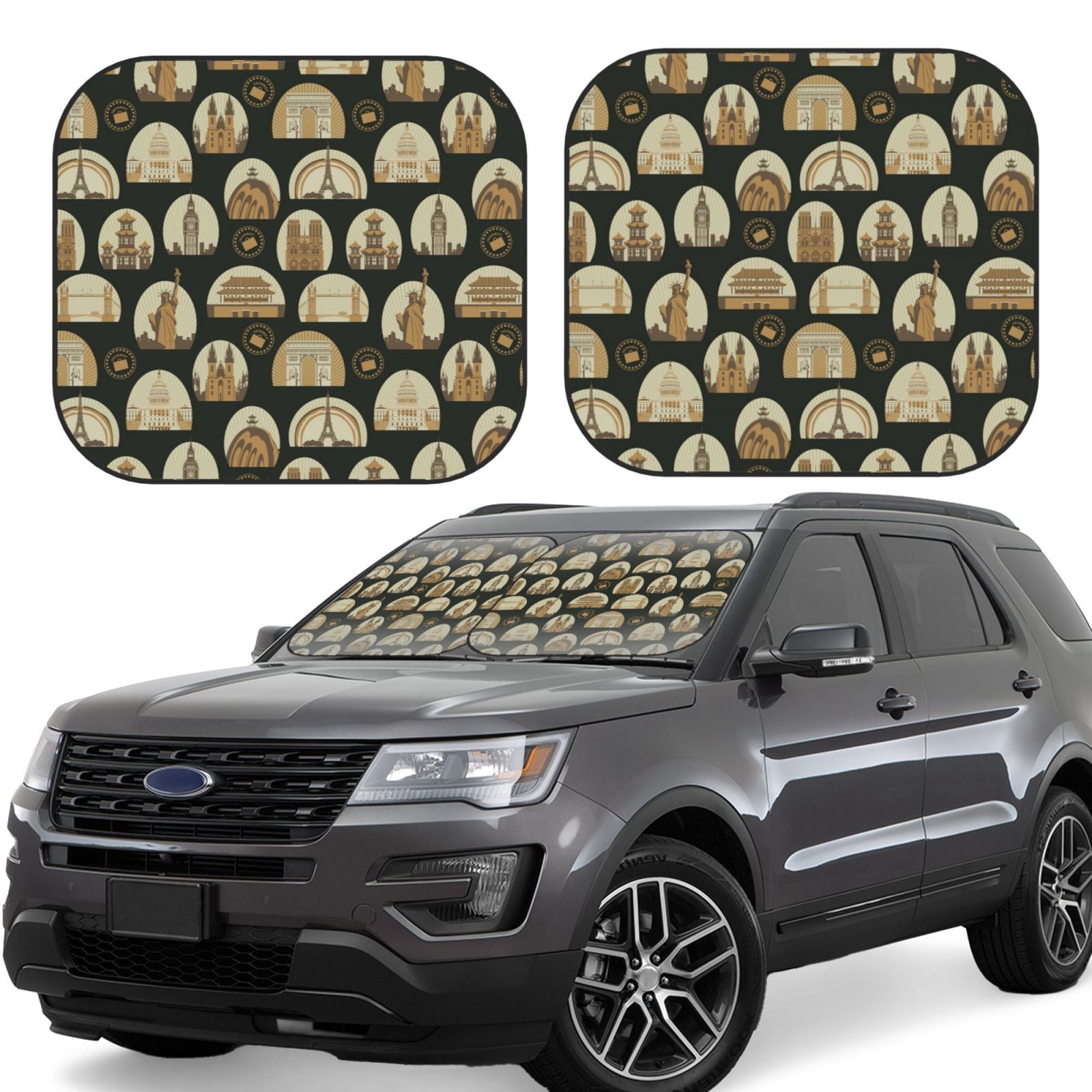 Car Windshield Sun Shade - Stamps Pattern Vintage Foldable Car Sun ...