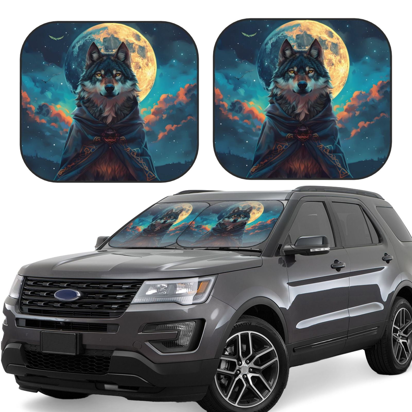 Car Windshield Sun Shade - Starry Sky Moon Wolf Leader Foldable Car Sun ...
