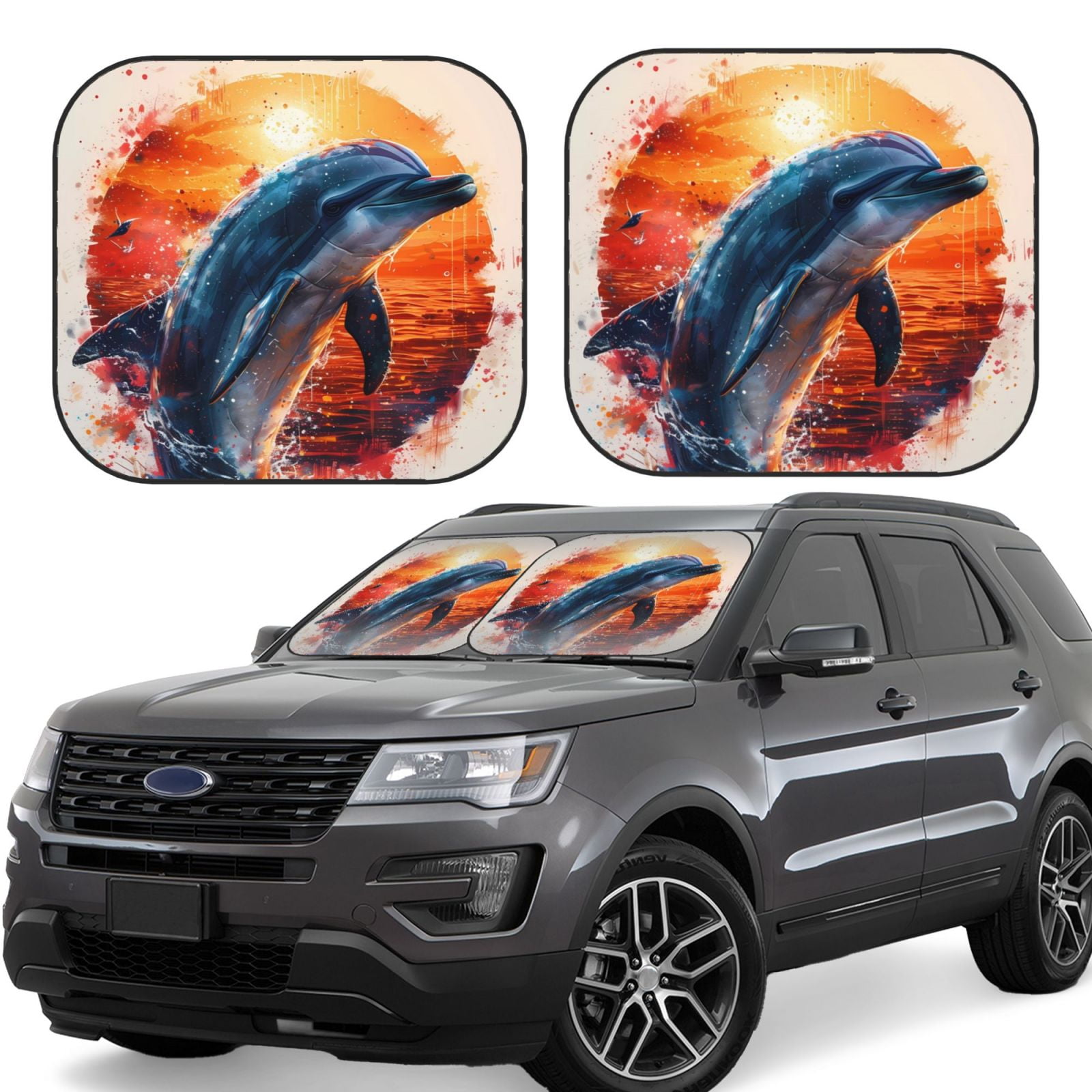Car Windshield Sun Shade - Sunset Ocean Watercolor Dolphin Foldable Car ...