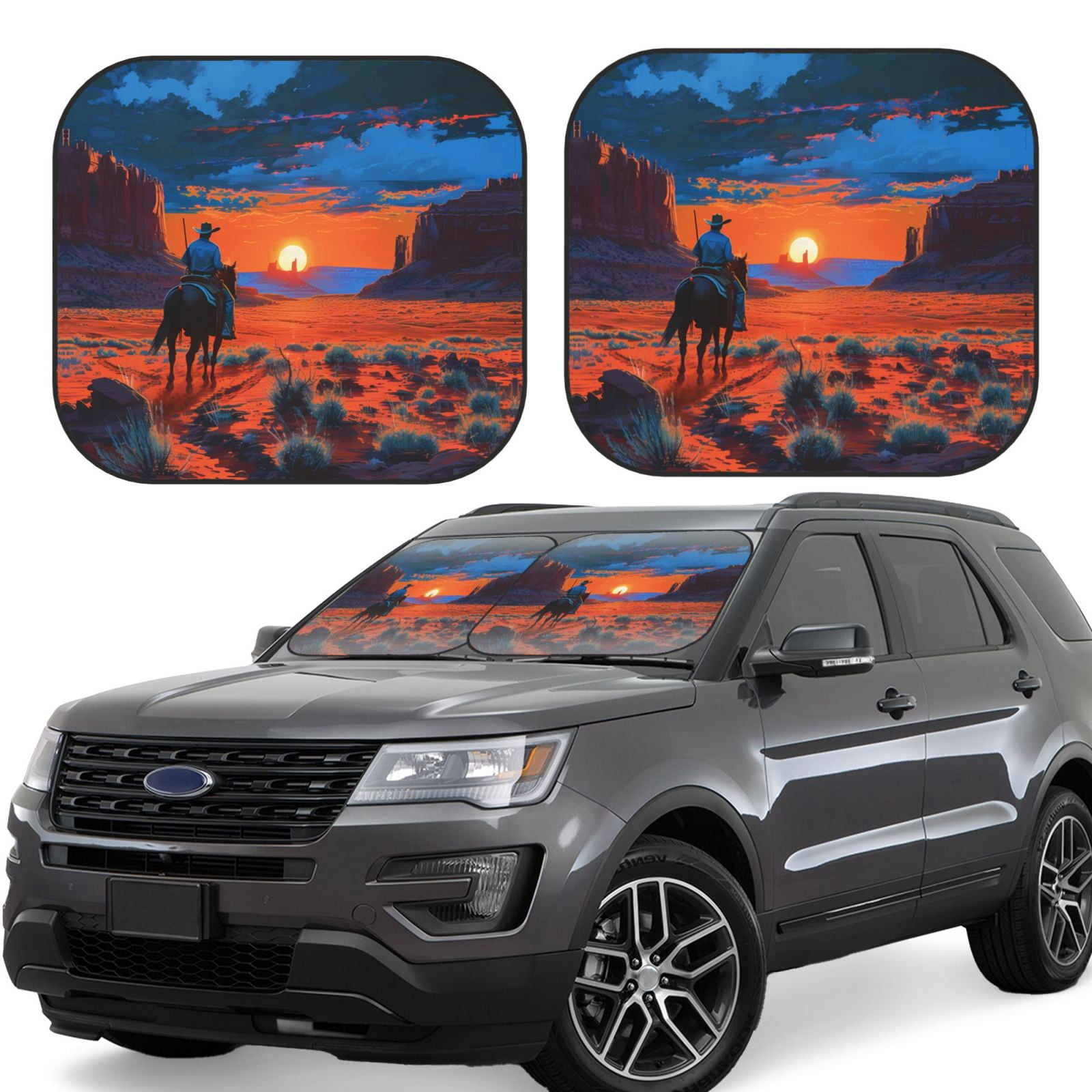 Car Windshield Sun Shade - Western Sunset Desert Cowboy A Foldable Car ...