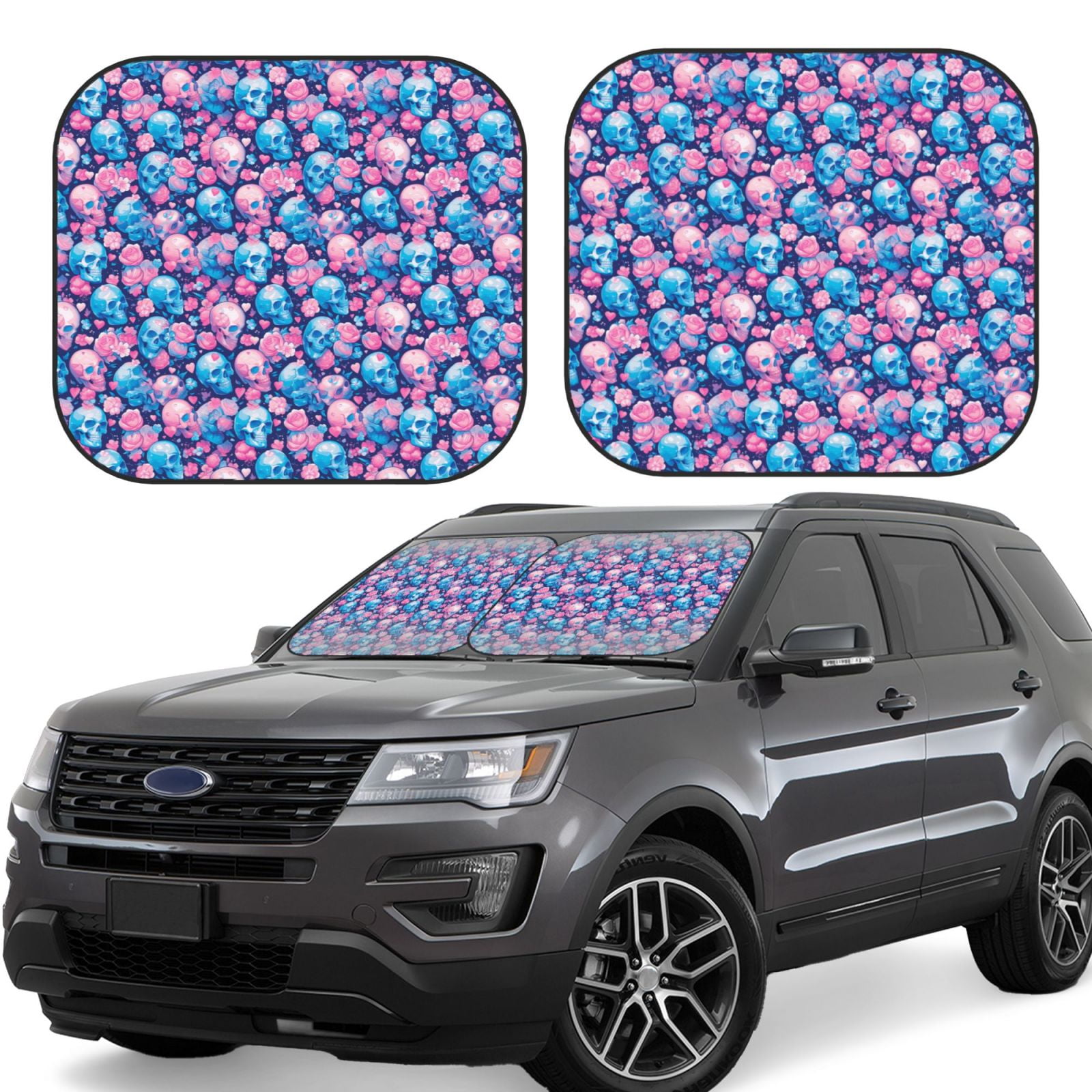 Car Windshield Sun Shade - pink blue flower Skull Foldable Car Sun Shade, Sun Visor for Car ...