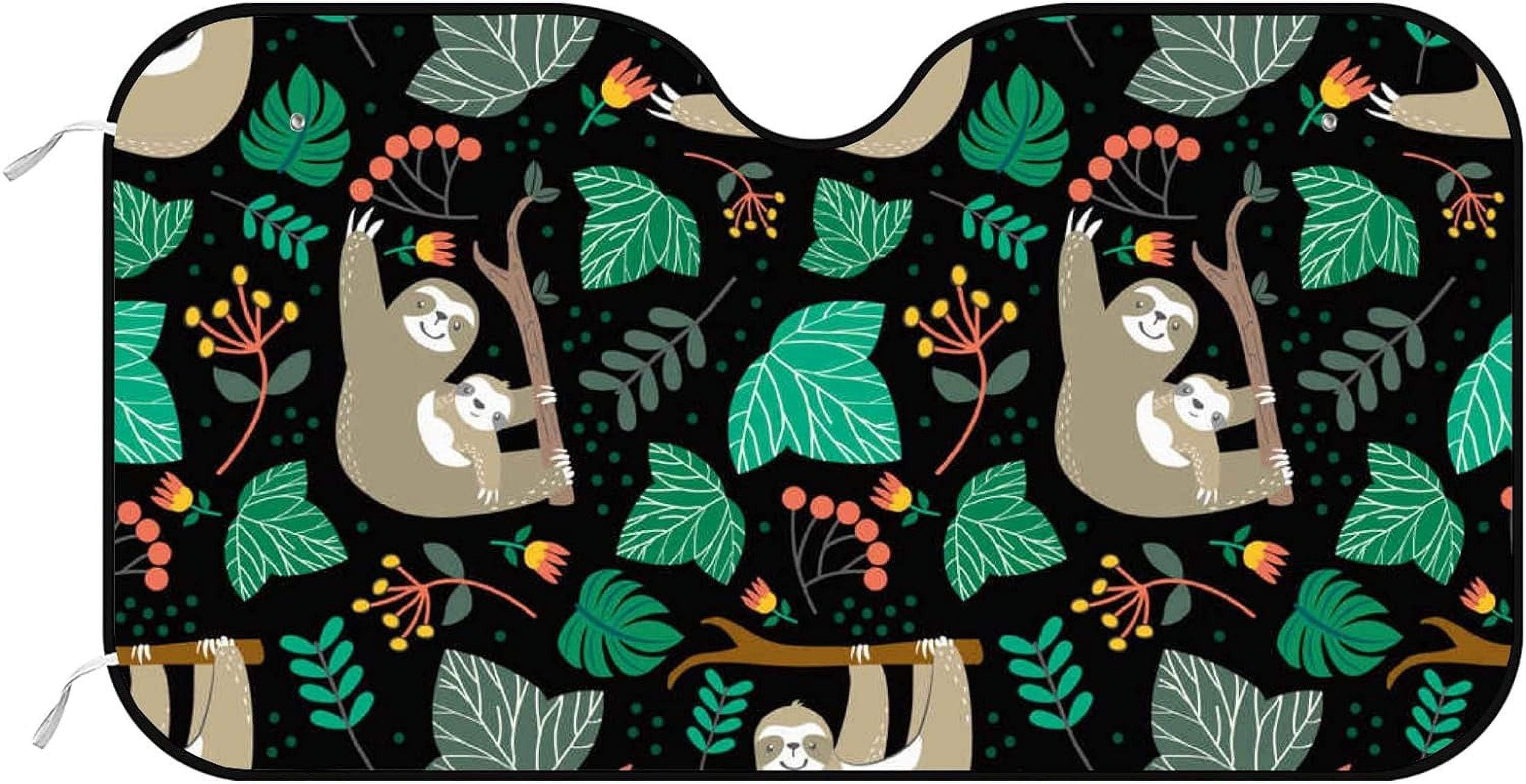 Car Windshield Sunshade Blocks Sun Visor Protector Floral Sloth Black ...