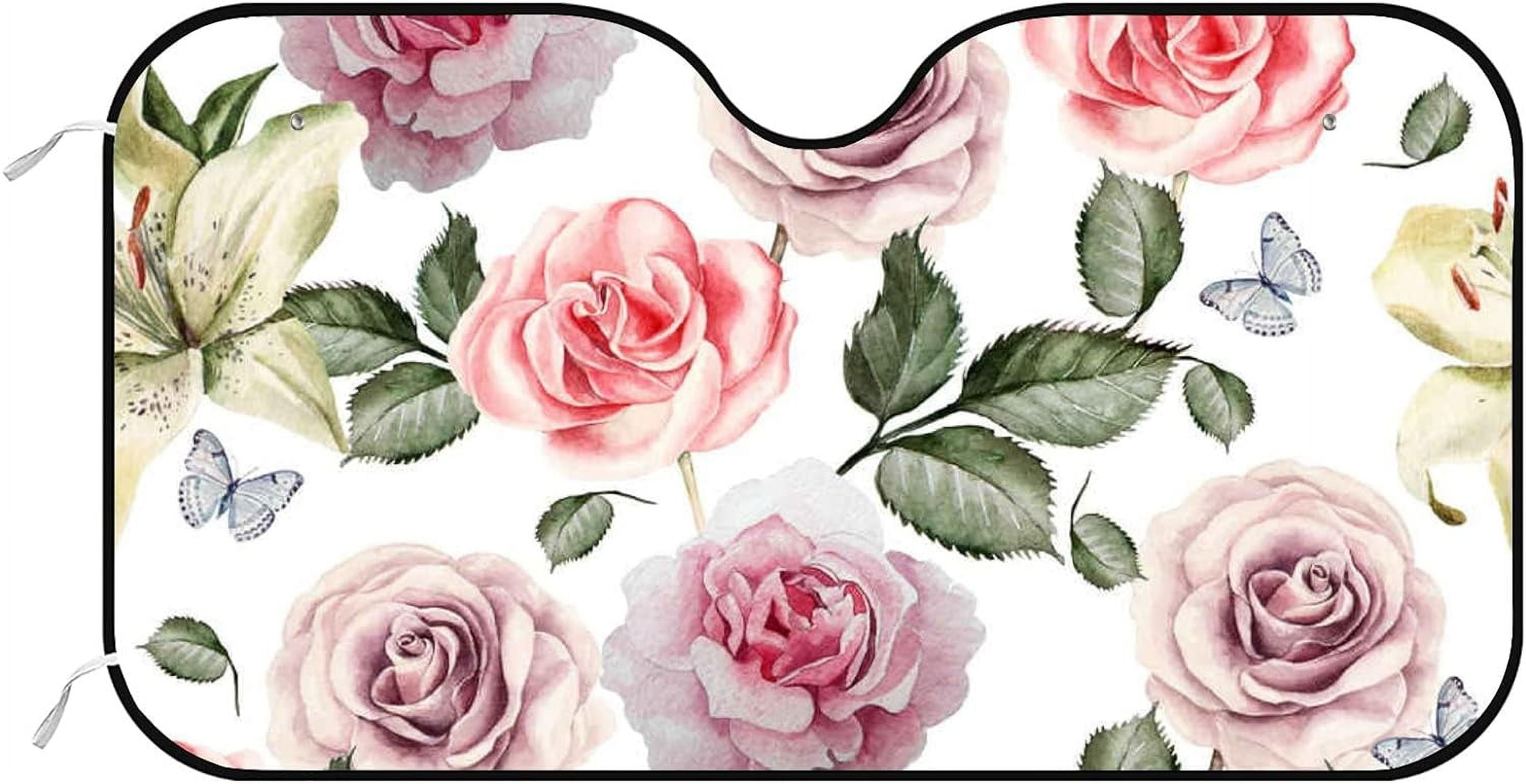 Car Windshield Sunshade Blocks Watercolor Roses Butterflies Sun Visor ...