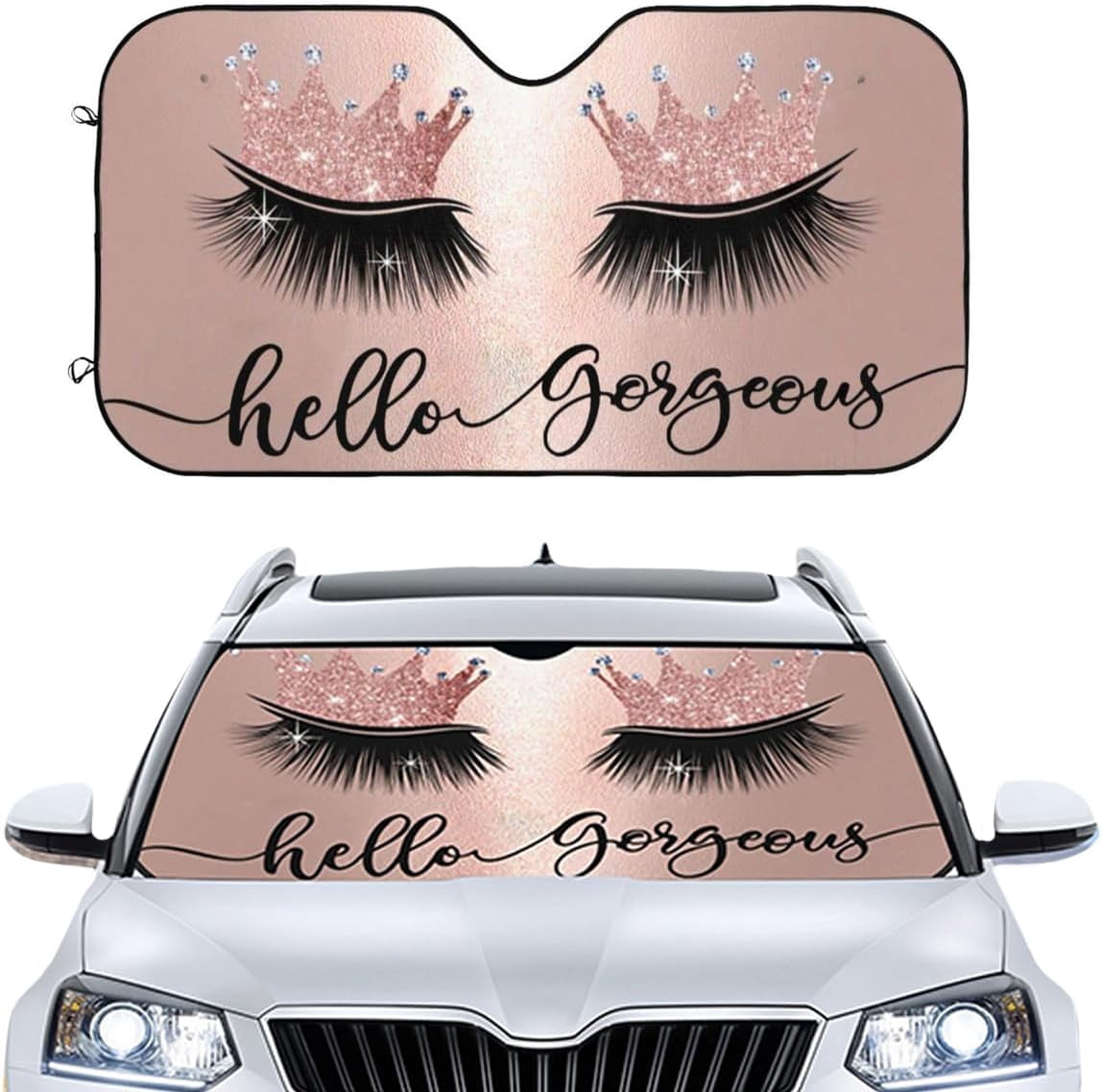 Car Windshield Sunshade, Pink Crown Eyelash Front Window Sun Shades ...