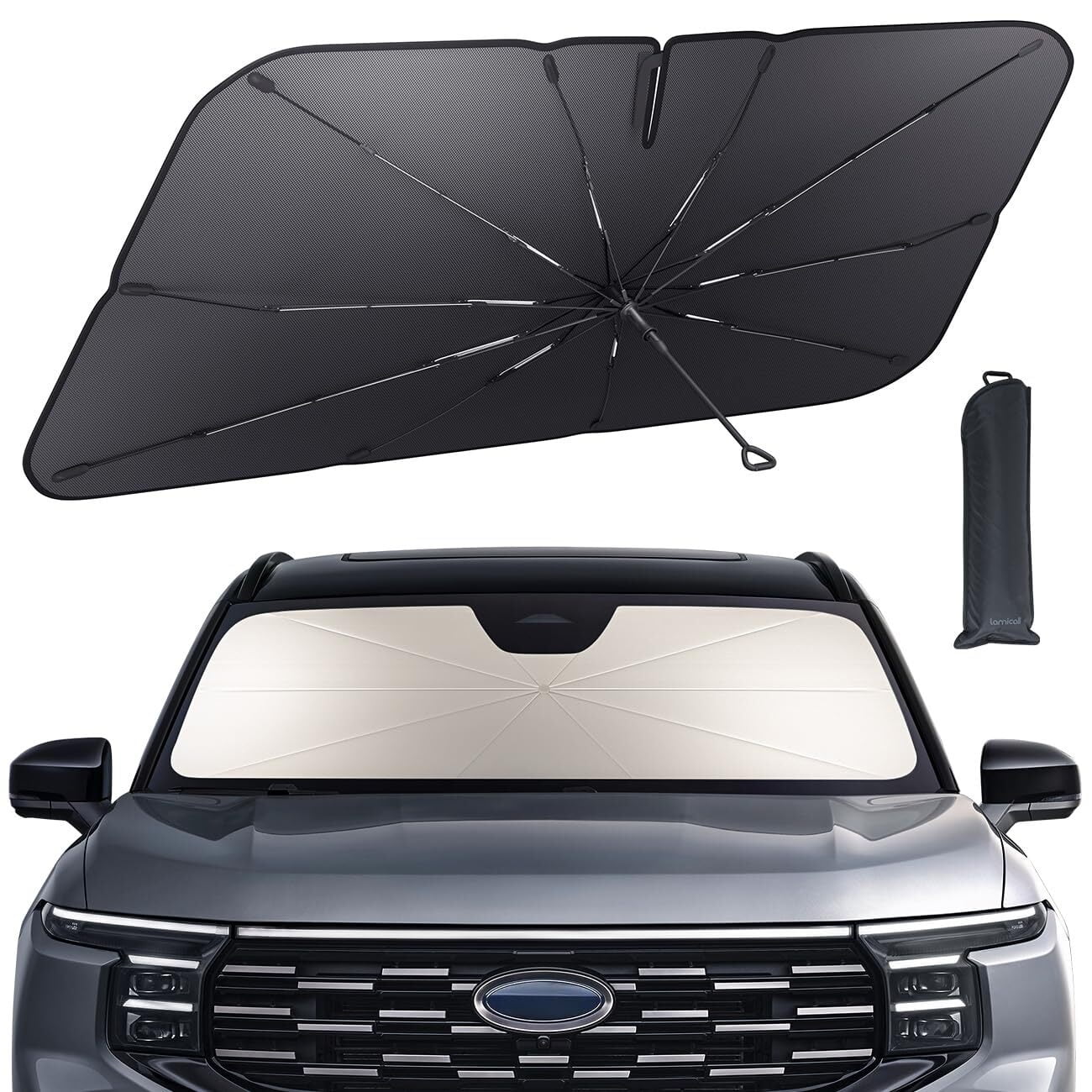 Car Windshield Sunshade Umbrella 5-Layer UV Block, 10-Rib Fiberglass ...
