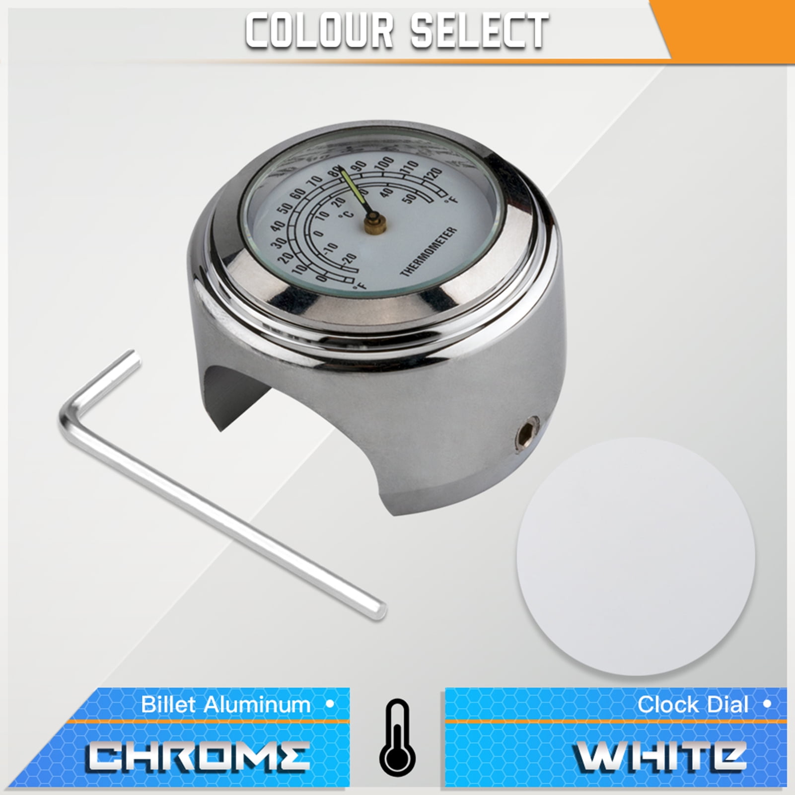 Car thermometer,''- 1'' Handlebars Silver Shell White Universal ...