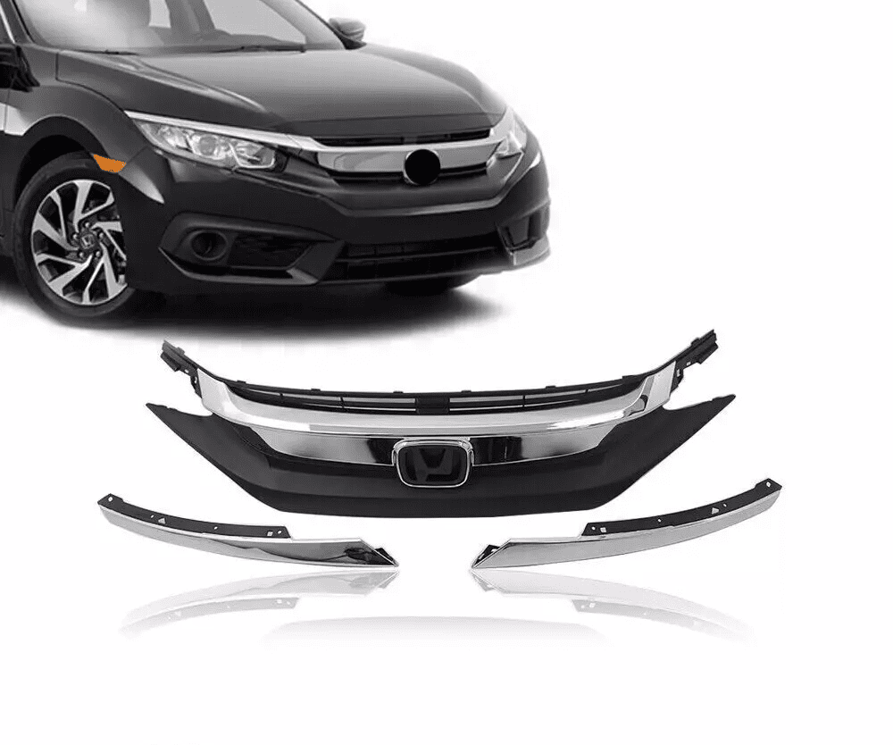 CarFixParts Front Upper Grille 3p With Molding Chrome For 2016 2017 2018 Honda Civic Sedan ...
