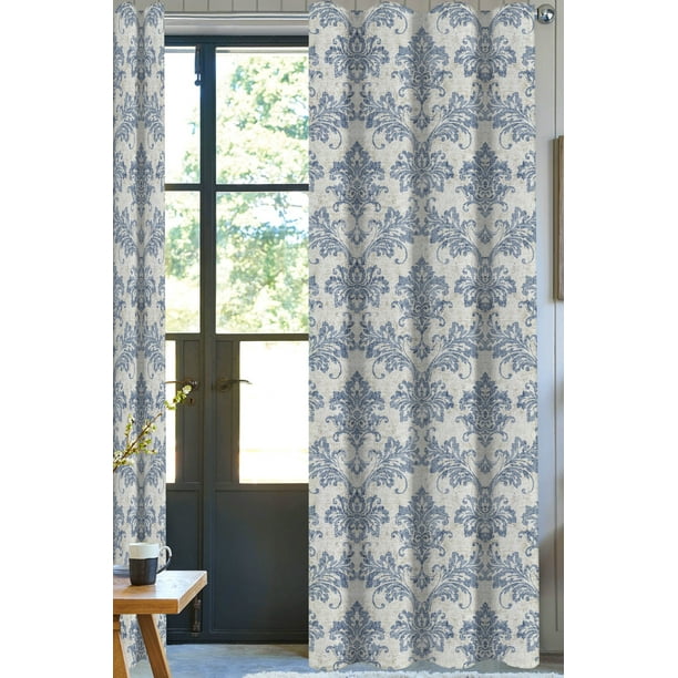 Cara Blue/White Designer Damask Organic Cotton Drapery 50"X96 ...