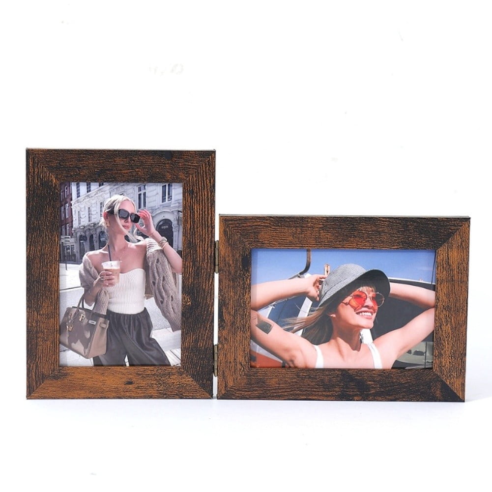 CaraMart 6 Inch Foldable Double Photo Frame with Vintage Wood Finish ...