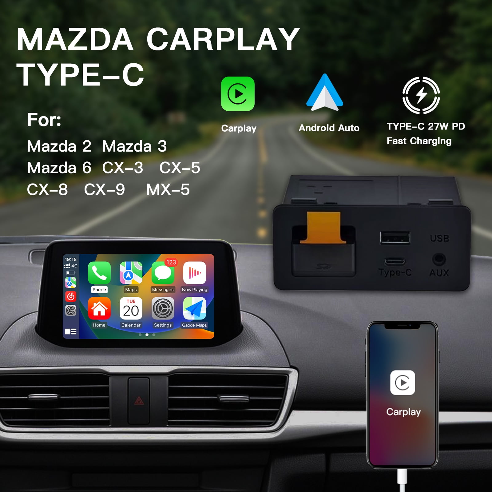 [Carabc] TYPE-C wired CarPlay Android Auto OEM Retrofit USB HUB for Mazda 2 3 6 CX3 CX5 CX8 CX9 ...