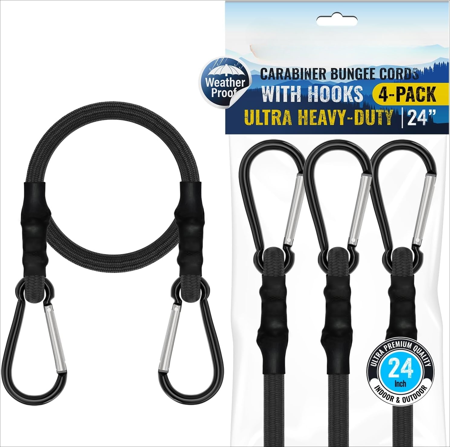 Carabiner Bungee Cords with Hooks Heavy Duty - Elastic Black Bungee Cords with Carabiner Hooks ...