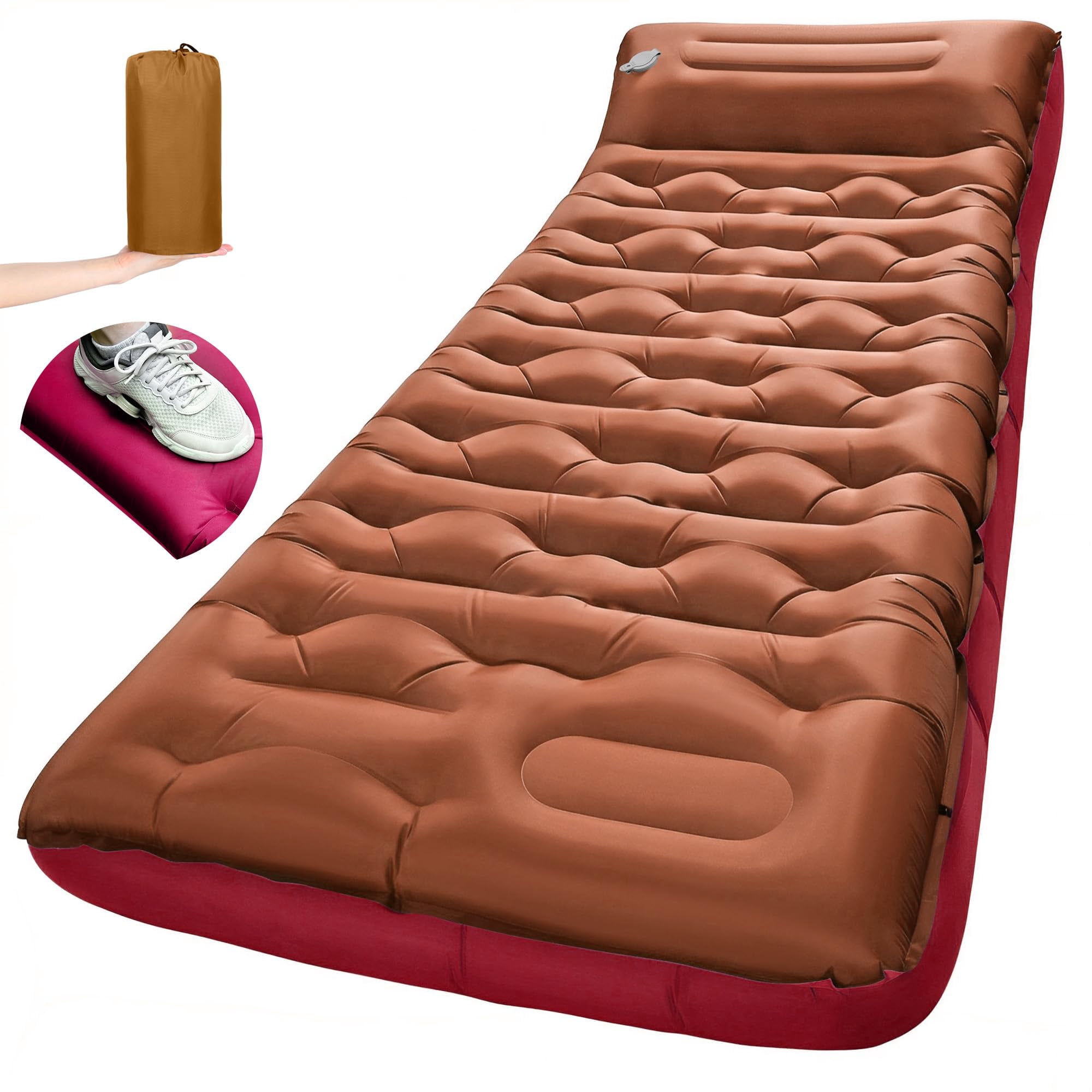 Caramel Brown Camping Sleeping Pad Thick Mat With Built-In Foot Pump ...