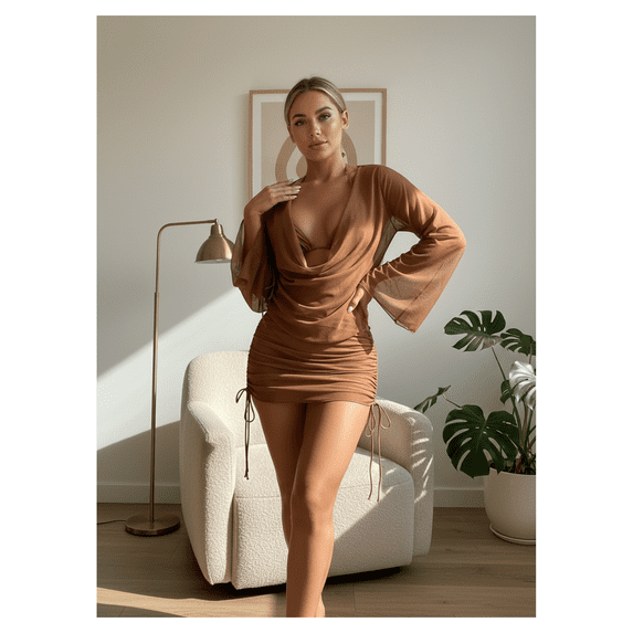 Caramel Brown Halter Dress - Off Shoulder Pleated Swimsuit Cover Up ...