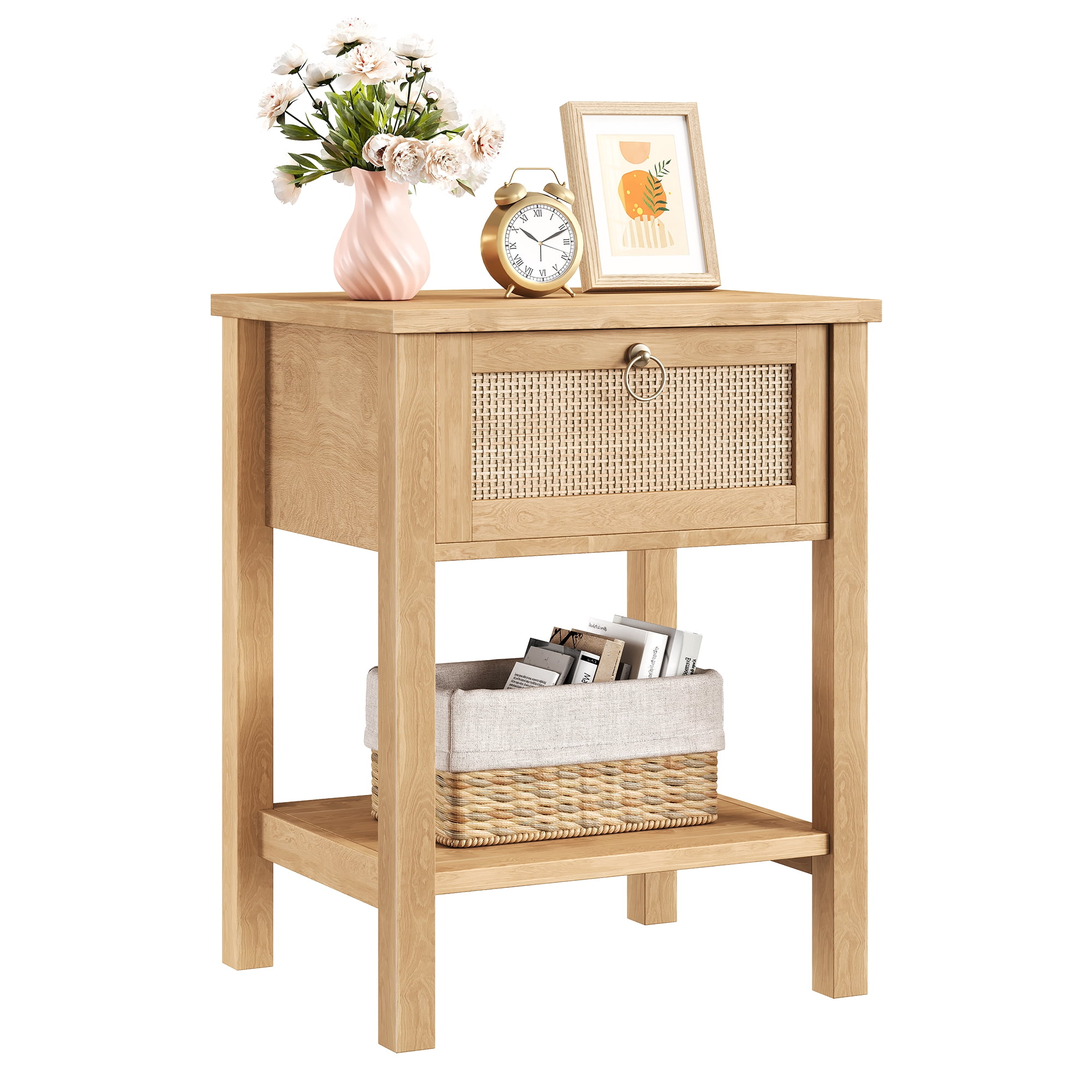 Caramel Color Nightstand Rattan Decor Drawer with Brass Knobs Night ...