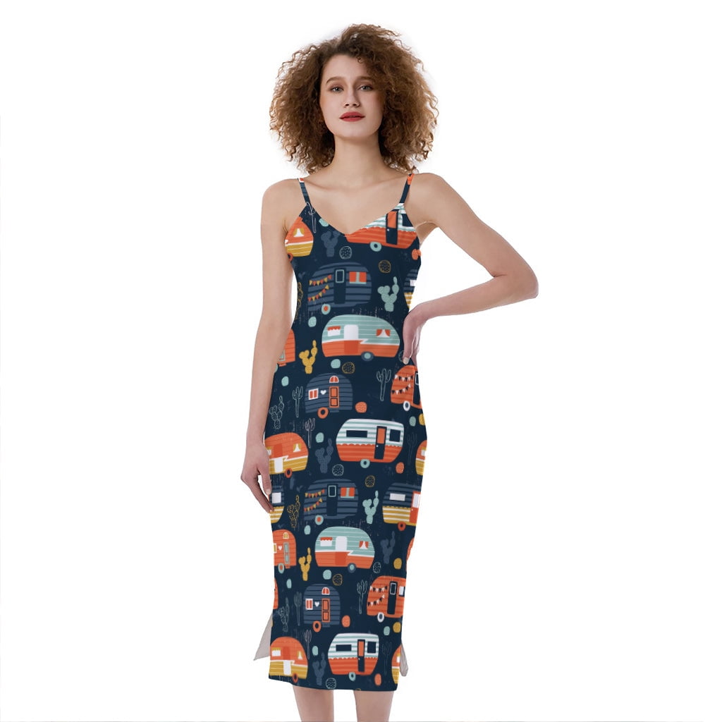 Caravan Camping Pattern Print Slim Fit Midi Cami Dress, Camper Camping ...