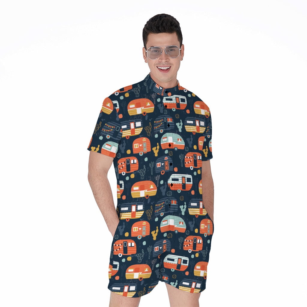 Caravan Camping Pattern Short Sleeve Men'S Rompers, Camper Camping ...