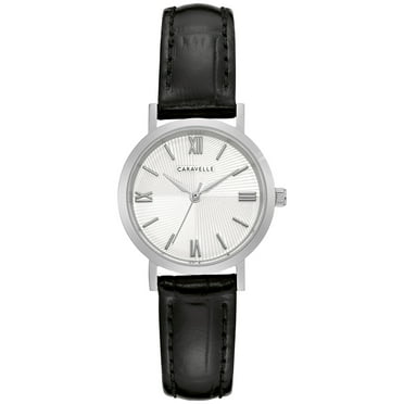 Caravelle Designed By Bulova Women's Classic Rectangular Black Leather ...