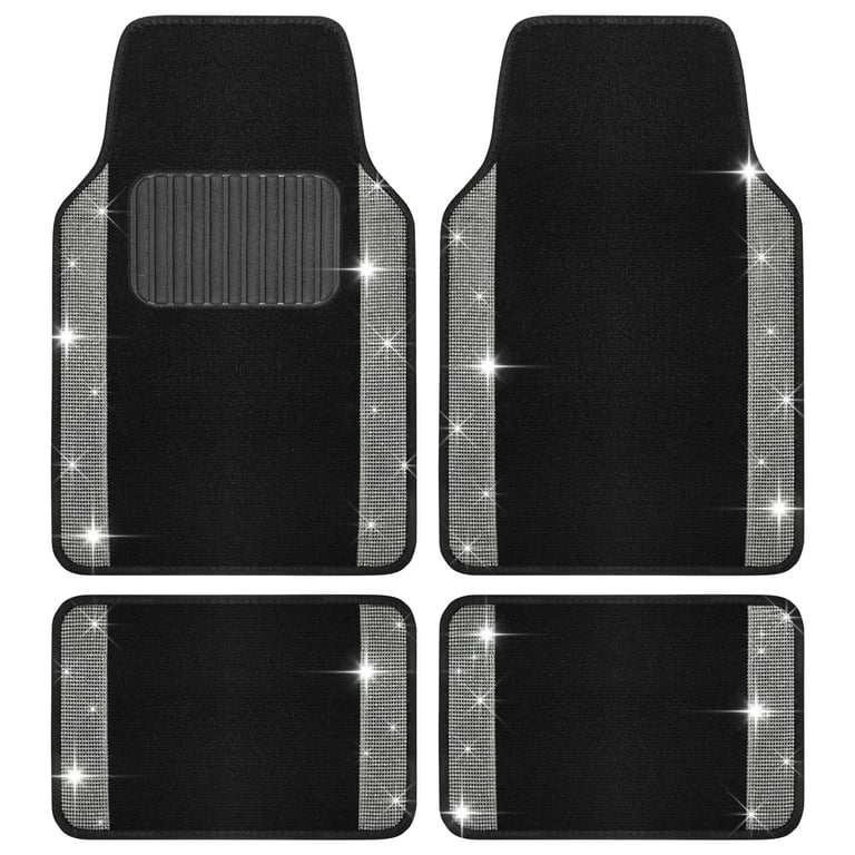 Carbella Diamond Bling Car Mats 4 Piece Set Shiny Rhinestone Crystal Carpet Car Floor Mats Two Tone Floor Mats for Cars Cute Automotive Interior