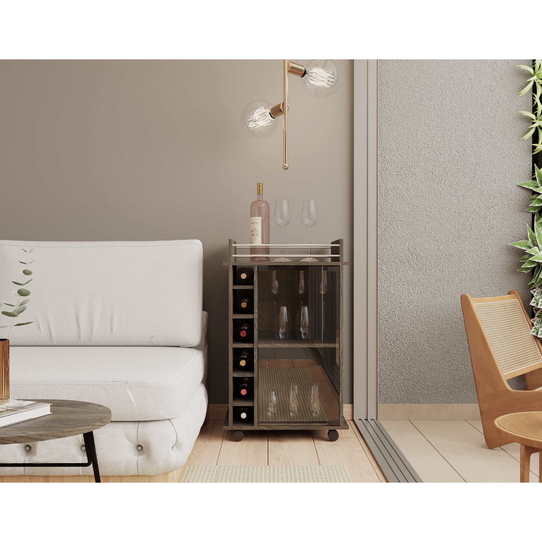 Carbon Bar Cart, Glass Door Shelving With Two Levels, Four Locking ...