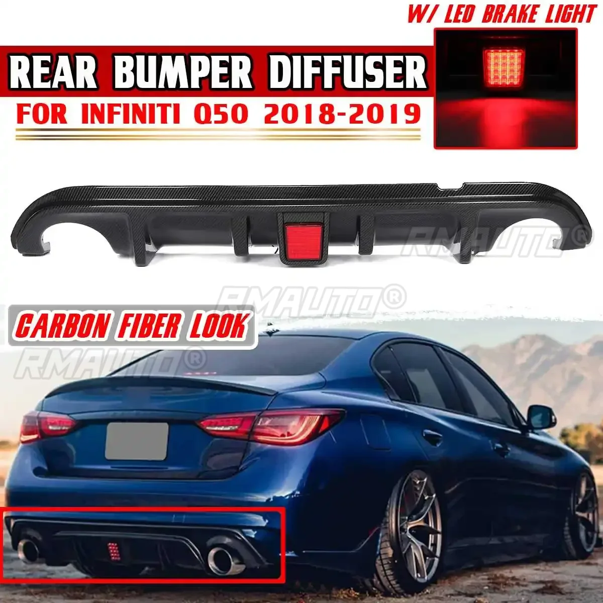 Carbon Fiber Look/Black Car Rear Bumper Diffuser Fins W/ Led Brake ...