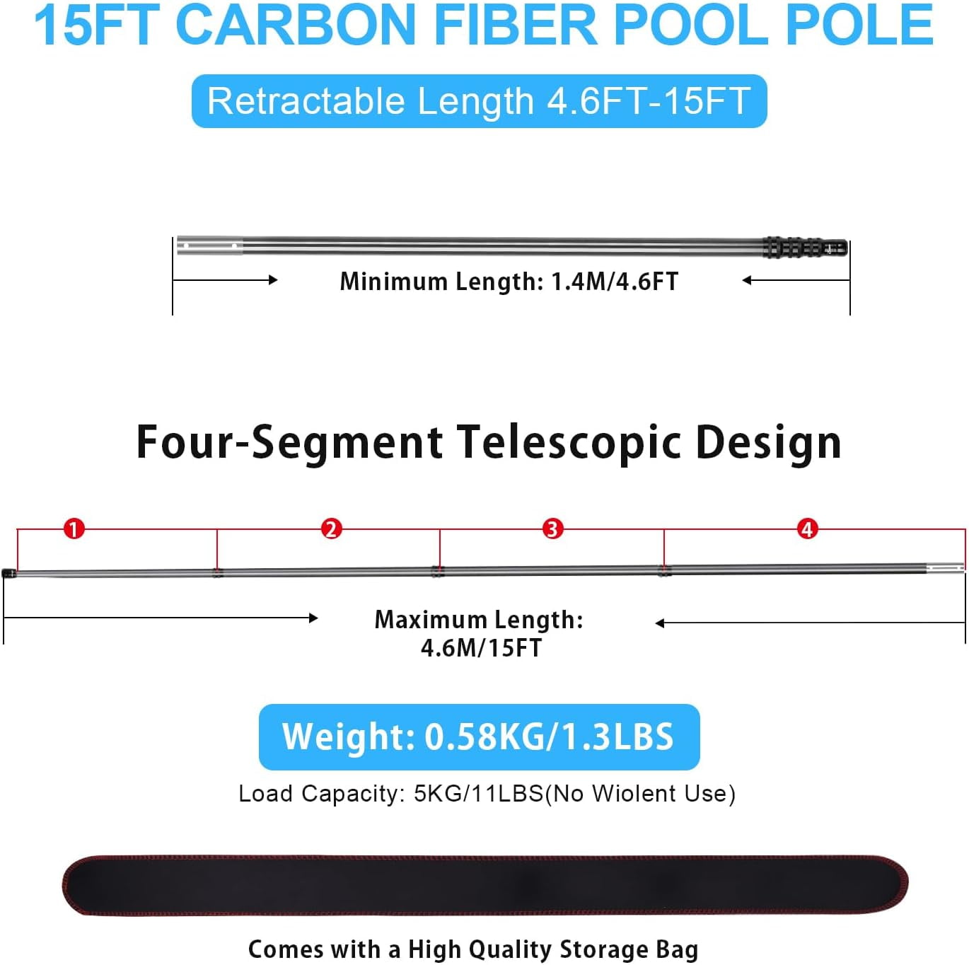 Carbon Fiber Pool Pole, Premium Telescoping Swimming Pool Cleaning Pole ...