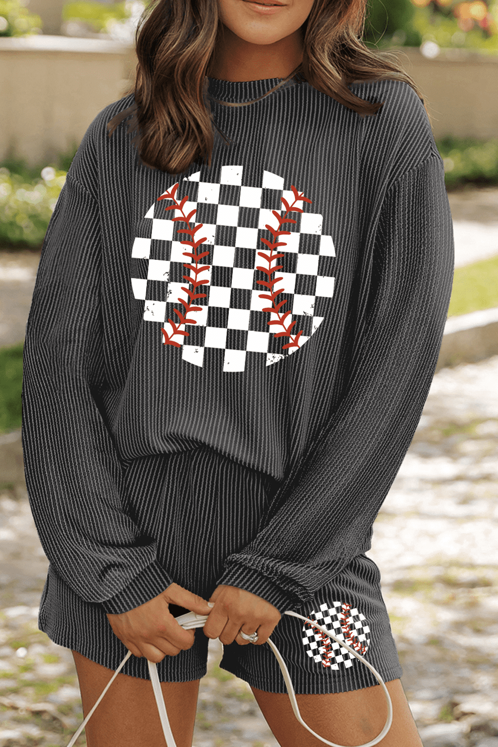 Carbon Grey Corded Checkerboard Baseball Graphic Long Sleeve Top and ...