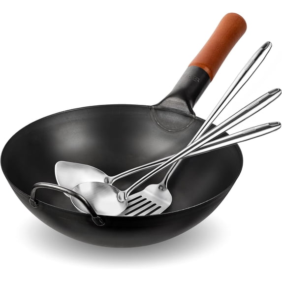 Carbon Steel 11.8" Stir Fry Wok Pan - Pre-Seasoned Chinese Wok with ...