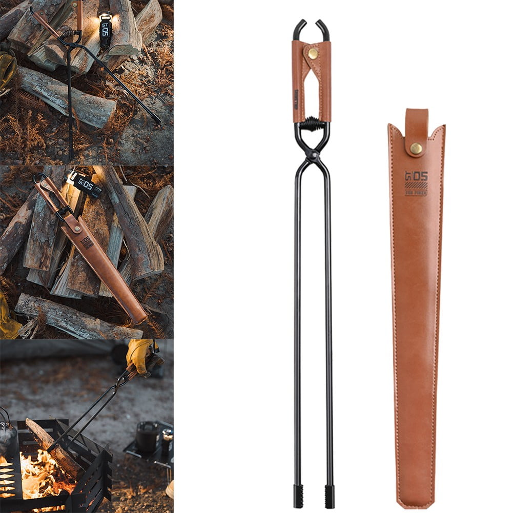 Carbon Steel Camping Charcoal Tongs with Leather Handle - BBQ Firewood ...