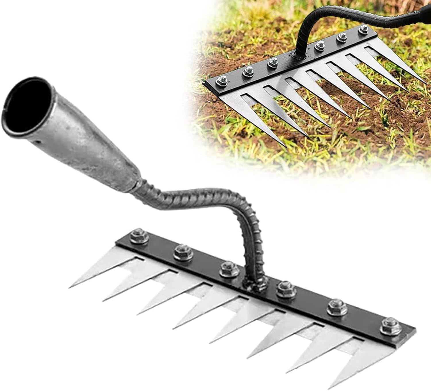 Carbon Steel Garden Hand Rake with 8 Teeth, Heavy-Duty Carbon Steel ...