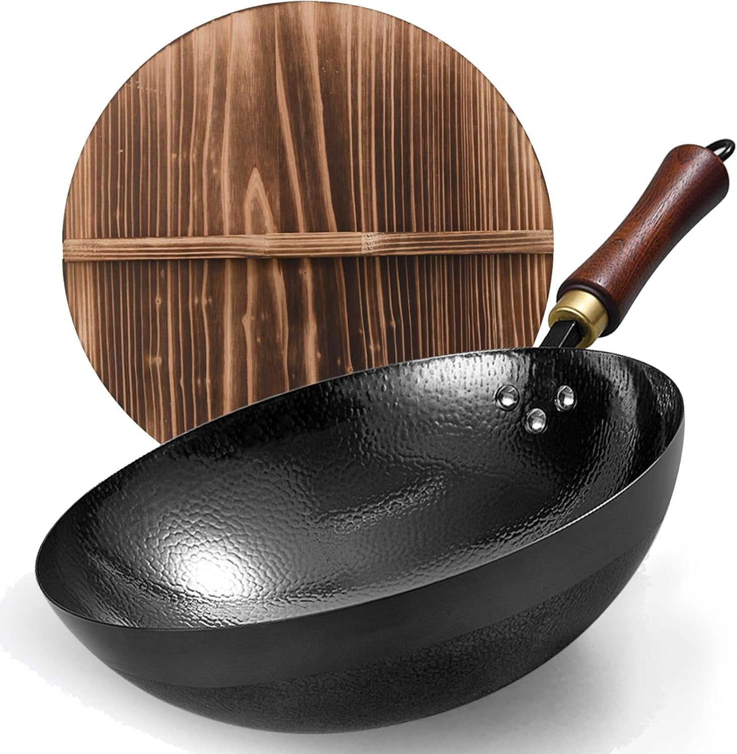 Carbon Steel Pan, 11.8 Woks & Stir-Fry Pans with Wooden Lid Cookwares ...