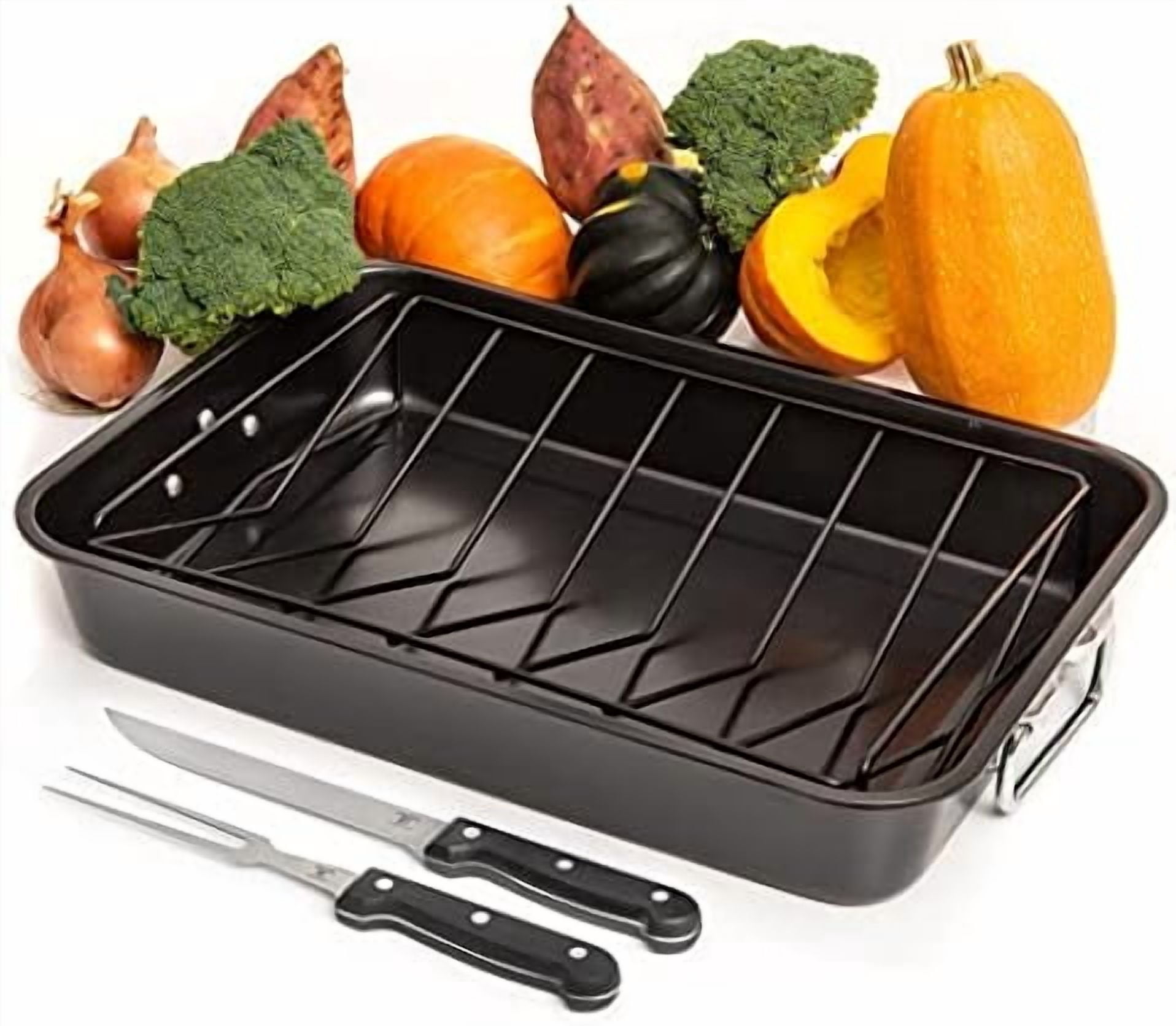 Carbon Steel Roaster Pan With “V” Shape Removable Roasting Rack Set, 16 ...